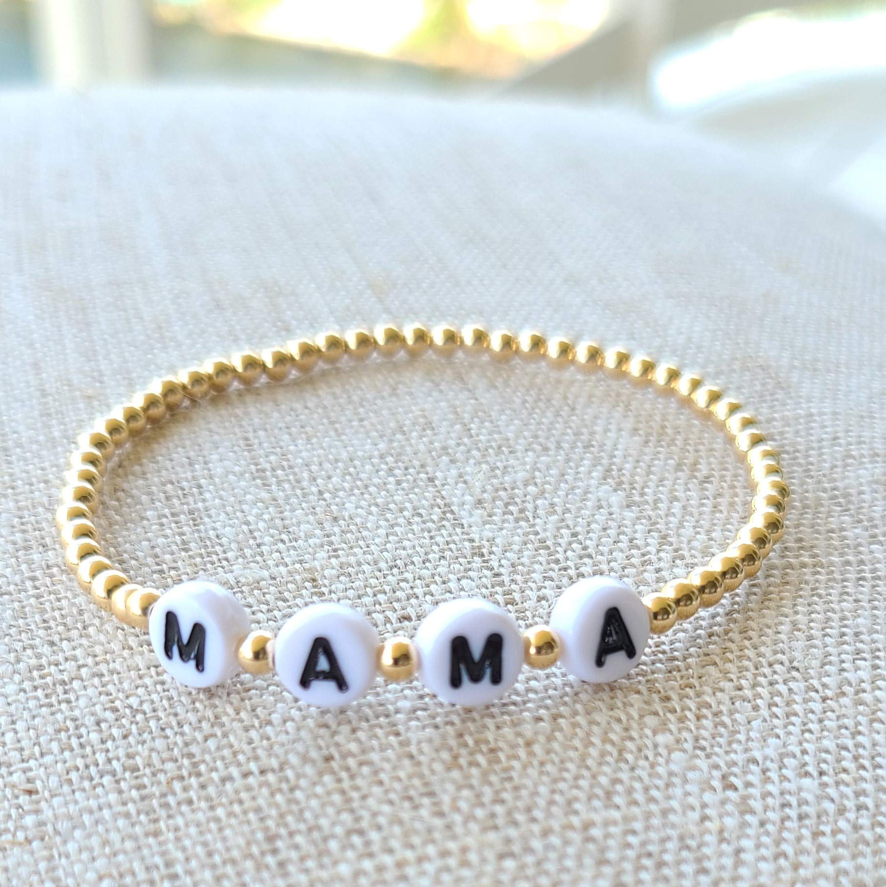 Anela Mama White Beaded Bracelet, 14kt Gold Filled Beaded, Stretch and Stackable, Hand Made in USA