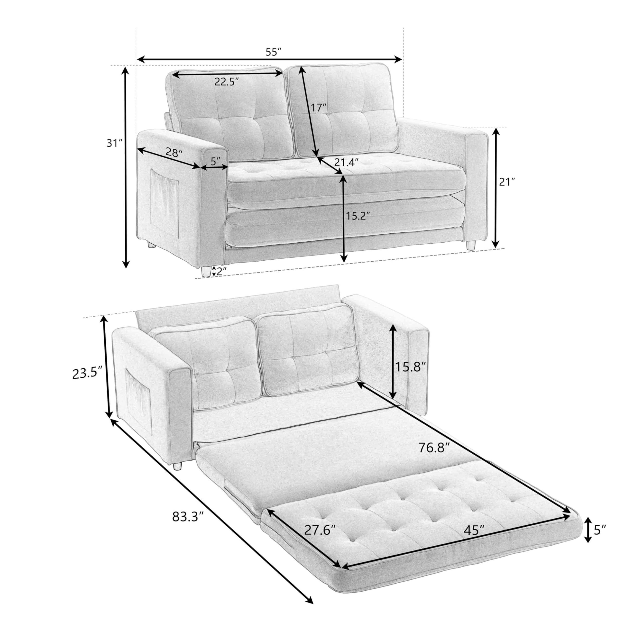 Mdhitsox Modern Full Size Futon Sofa with Pull Out Couch Bed, 3-in-1 Convertible Sleeper Sofa Bed with 2 Side Pockets and Pillows, 55" Velvet Loveseat Sofa Couch Bed for Living Room (Light Gray)