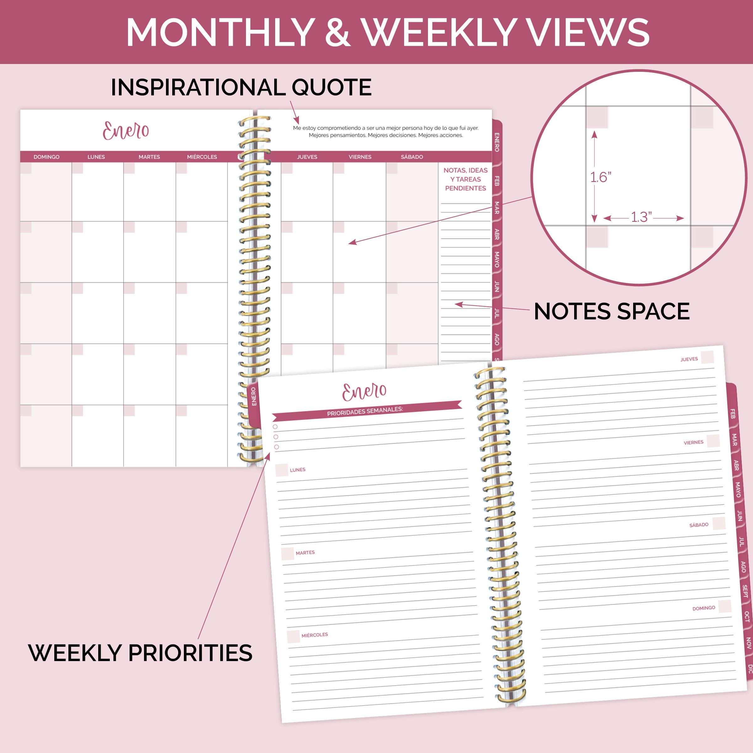 bloom daily planners UNDATED Spanish Calendar Year Day Planner - Passion/Goal Organizer - Monthly/Weekly Agenda Book with Tabs (January to December) - 6" x 8.25" - Folky Floral