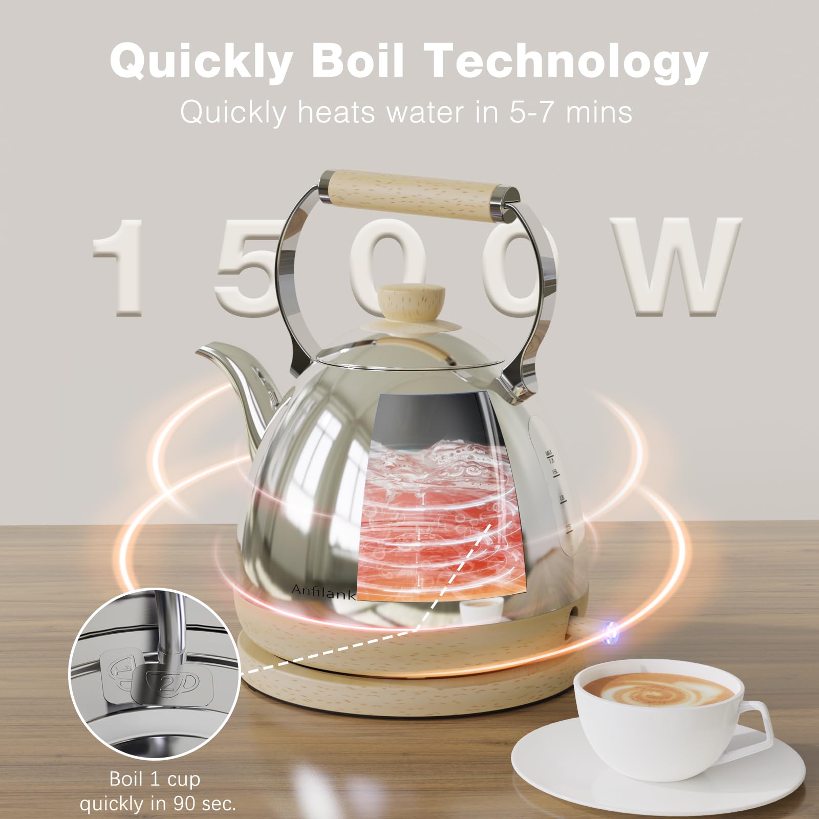 Anfilank Electric Kettle For Coffee & Tea -1.7L Water Boiler 1500W Fast Boiling, Visual Water Level, Removable Filter, LED Indicator Light. Auto Shut-off & Boil-Dry Protection - BPA Free (Black)