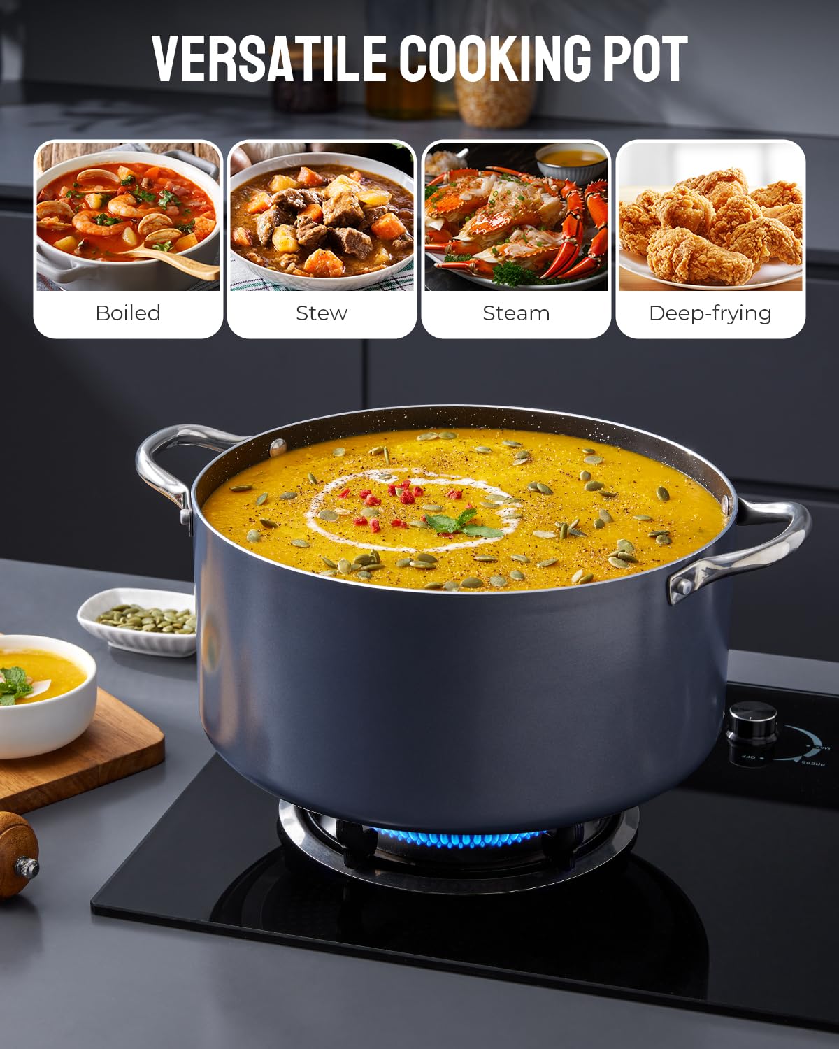 BEZIA 10 Quart Cooking Pot, Large Non Stick Induction Stock Pot with Lid, All Stove Compatible, 10 QT Aluminum Soup/Stew Pot For Large-batch Cooking, Grey