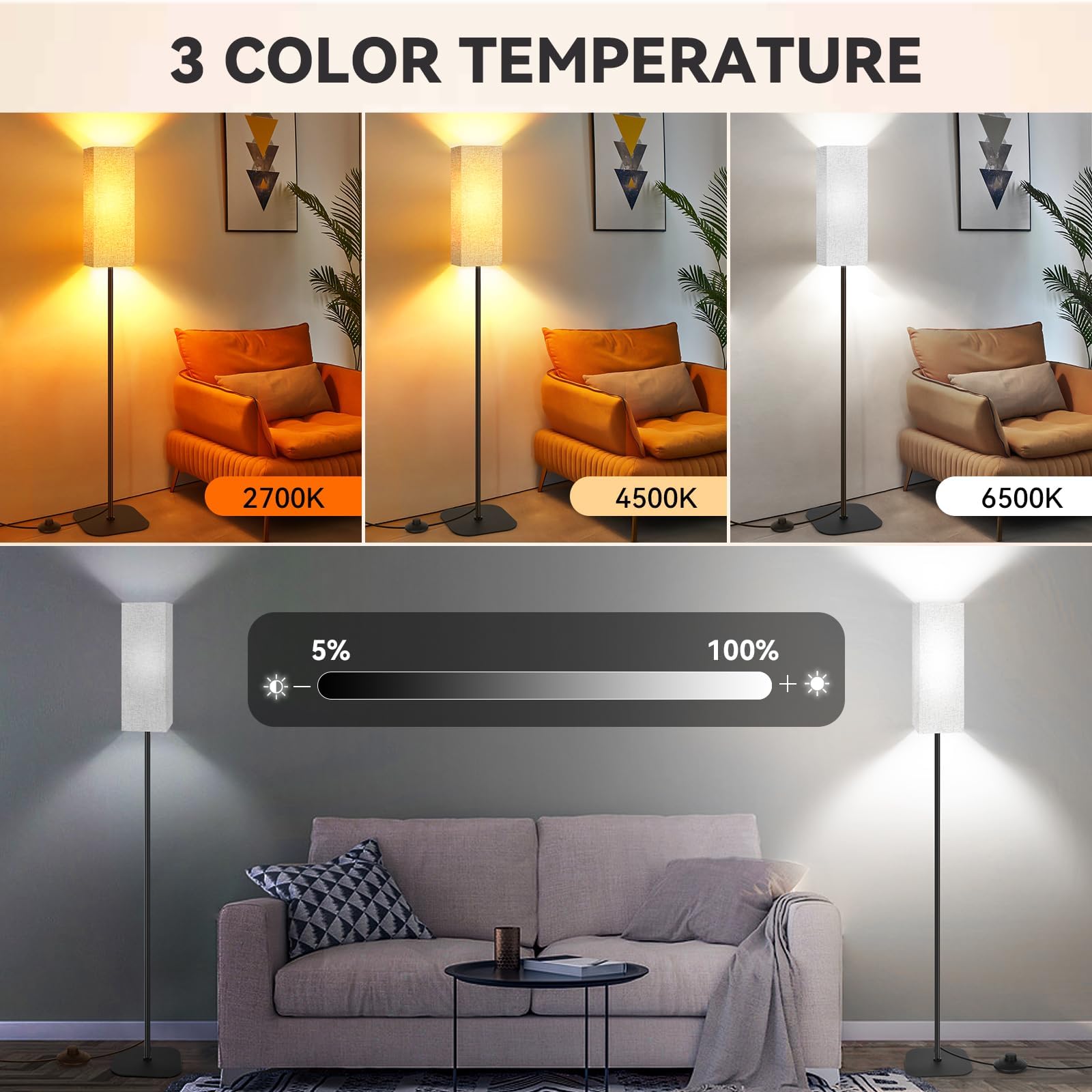 ATAEFR Floor Lamps for Living Room Bedroom, Modern Standing Lamp with Remote Control, Dimmable 3 Color Temperatures, 67" Tall lamp for Reading Office, 12W LED Bulb