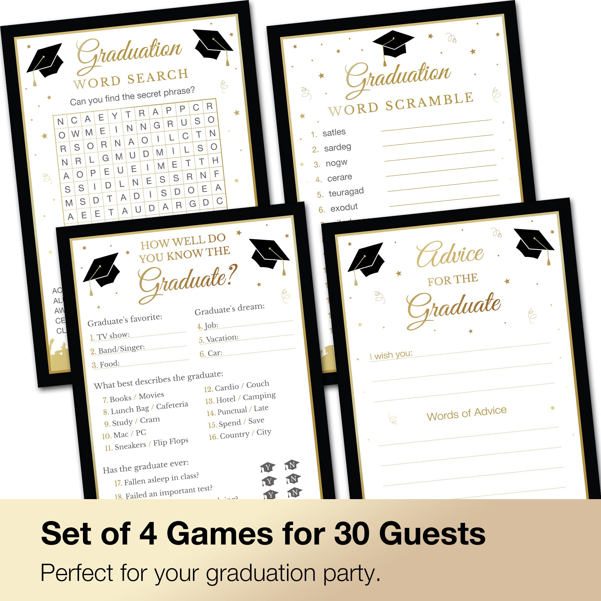 Papery Pop 2024 Graduation Party Games - Set of 4 Games for 30 Guests - Double Sided Cards - Graduation Party Supplies