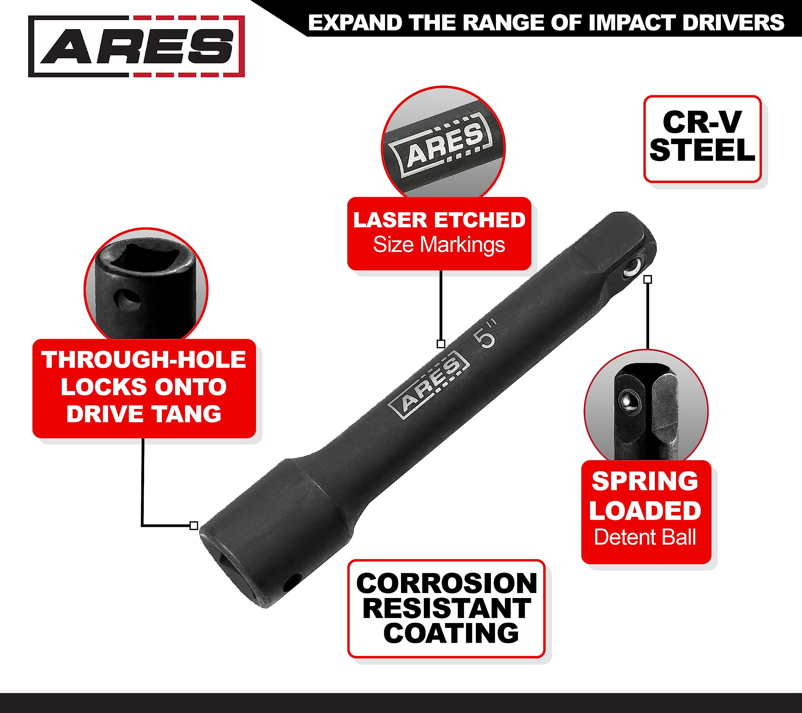 ARES 70031-1/2-Inch Drive Impact Extension Bar Set - 3-Inch, 5-Inch, and 10-Inch Laser Etched Socket Extensions Expand the Range of Impact Drivers