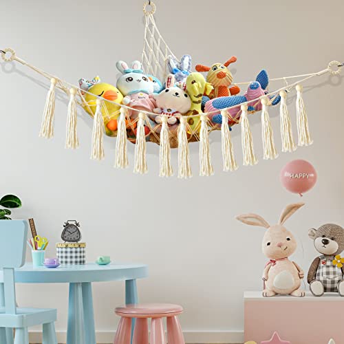 Morcheiong Stuffed Animals Net or Hammock, Large Stuffed Animals Storage with Hooks Tassel, Cotton Net for Stuffed Animals Corner