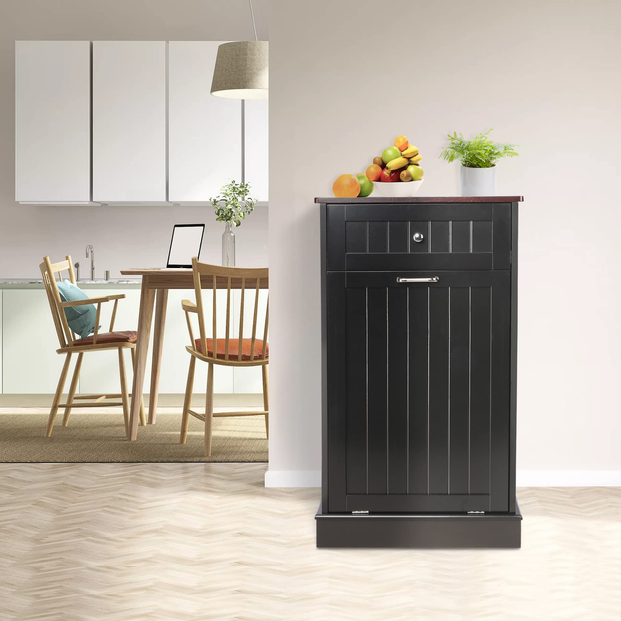 TOLEAD Tilt Out Trash Cabinet,Antique-Style Beadboard Kitchen Island with Solid Wood Tabletop & Drawer, Pet Proof Trash Can, Wood Laundry Cabinet (Single Black)