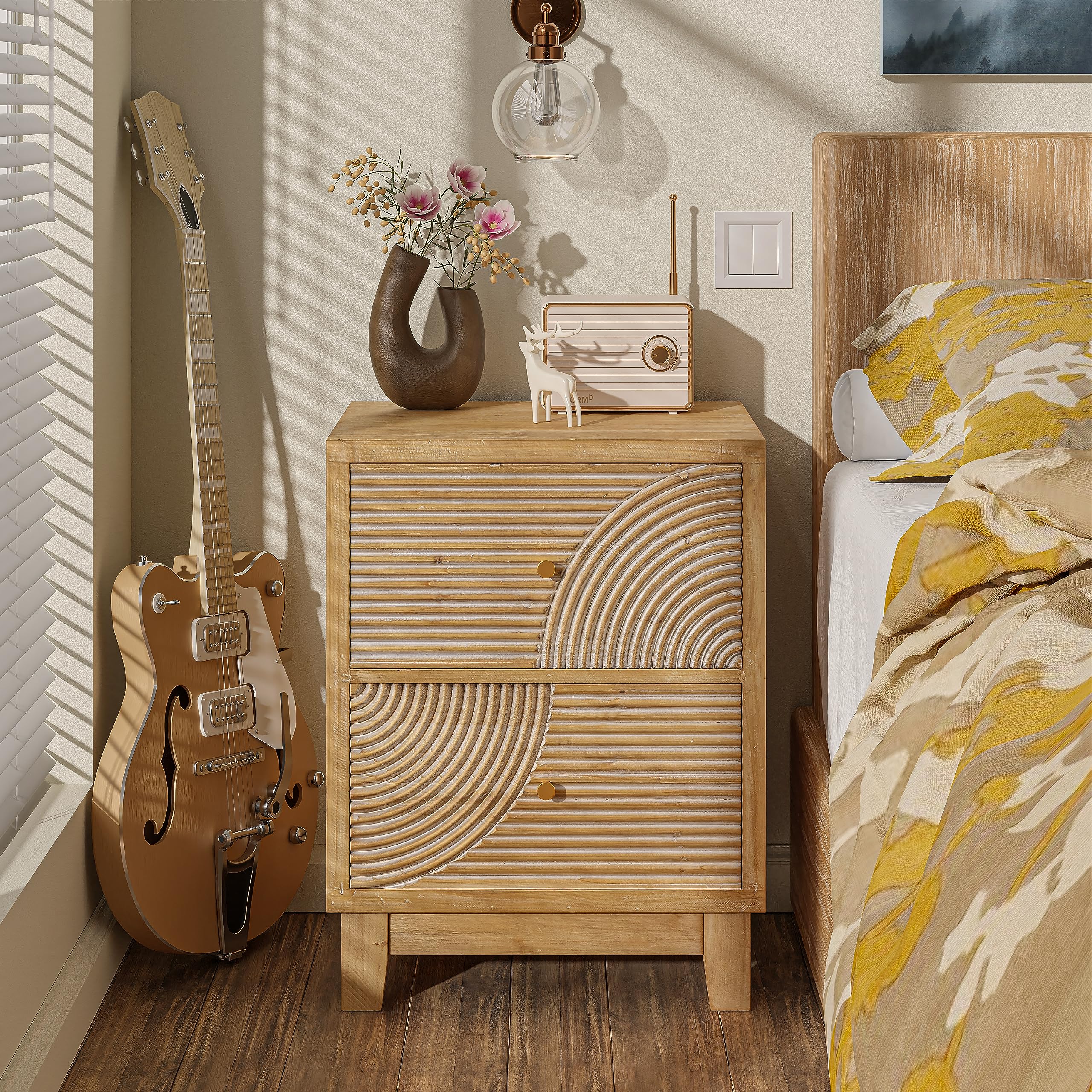 COZAYH 2-Drawer Farmhouse Nightstand, Mid Century Nightstand Fully Assembled with Handcrafted Wood Ring Pattern for Boho, Mid-Century, Rustic Style, Natural Wood