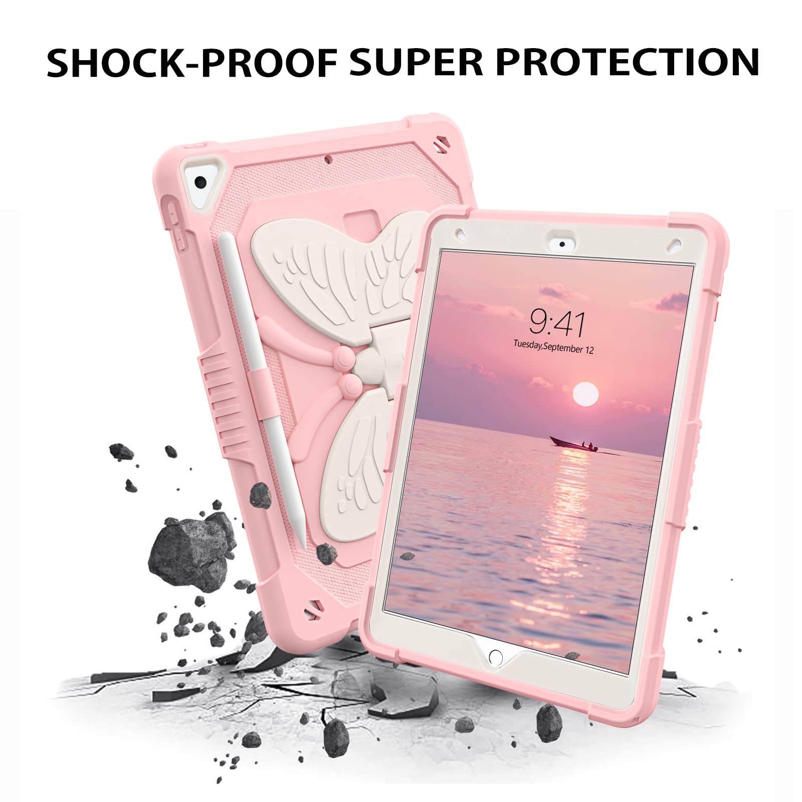 DUEDUE for iPad 10.2 9th/8th/7th Generation Case 2021/2020/2019, Butterfly Wings Kickstand with Pencil Holder Heavy Duty Rugged Shockproof Case for New Apple iPad Air 3 10.5, Beige/Pink
