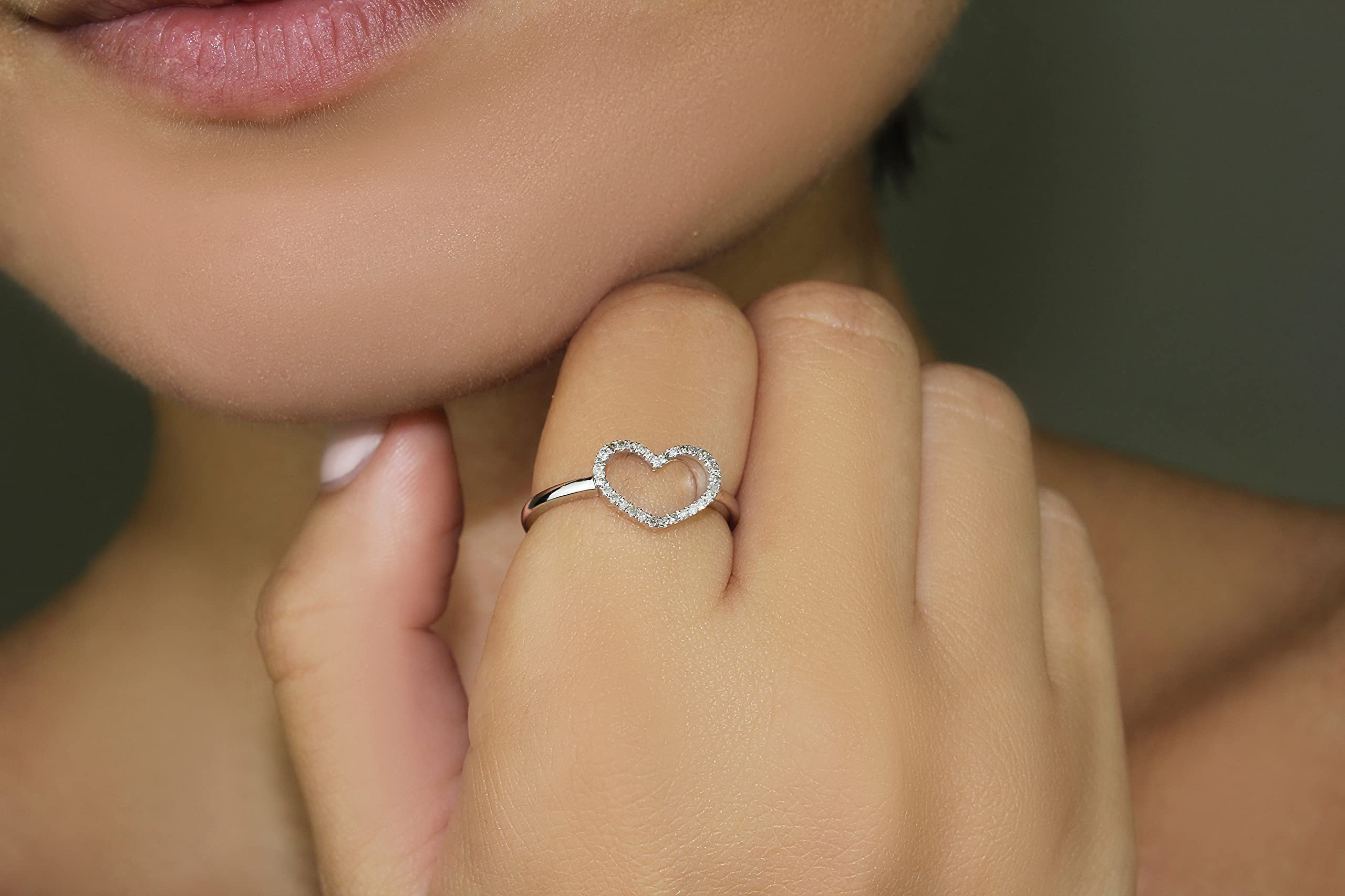 Belantina 1/10 Carat Diamond Heart Open Ring for Women in 14k White Gold (H-I, I1-I2, cttw) Size 8