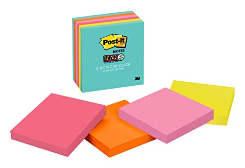 Post-it Super Sticky Notes, 3x3 in, 6 Pads, 2x the Sticking Power, Supernova Neons, Neon Colors, Recyclable (654-6SSMIA)