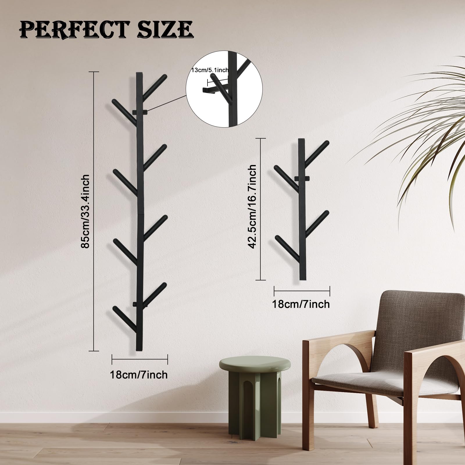 FANTAKI Coat Rack Wall Mount Set of 2, Black Metal Vertical Hat Rack for Wall, Floating Coat Racks for Jackets/Bags/Scarves, Coat Hanger Wall Mount for Entryway/Office/Hallway/Bathroom