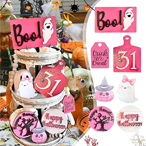 Happy Halloween Tiered Tray Decoration Set, Cute Trick-or-Treat Ghosts Wooden Signs Decor, for Kitchen Home Table Mini Decor Holiday Party Supplies Rustic Farmhouse Tray Sets (D)