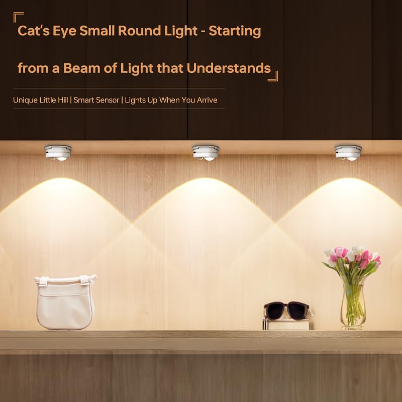 Cat's Eye Small Round Motion Sensor Light Build in Rechargeable Battery Magnetic LED Ceiling Light for Cupboard,Storage Rack,Entrance Hall,Wine Cabinet. (4 Packs)
