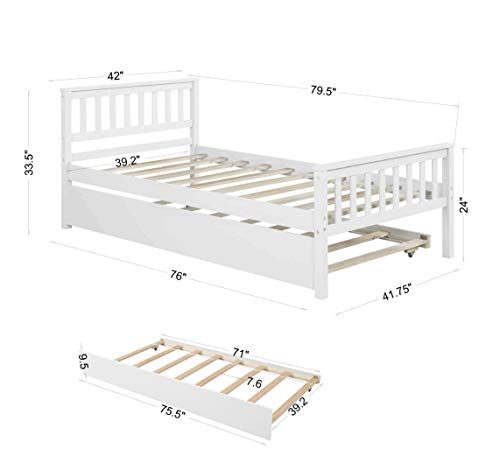 HomSof Twin Trundle, Platform Bed Frame with Headboard and Footboard,for Bedroom Small Living Space, White