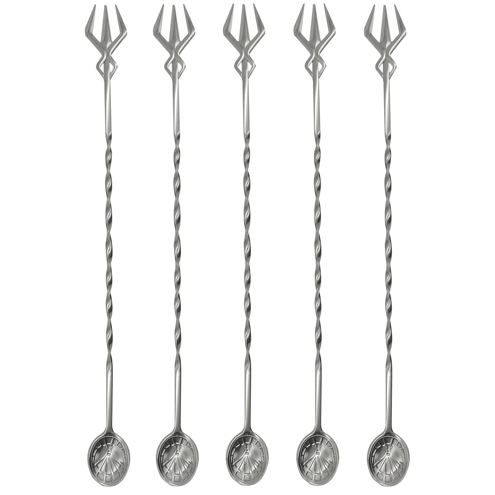 Pinenjoy 5Pcs Bar Spoon Trident Fork 12.67inch Long Spiral Handle Cocktail Spoon 18/10(304) Stainless Steel Bartender Stirring Spoon for Milkshakes Juice Coffee Tea Beer Mixing