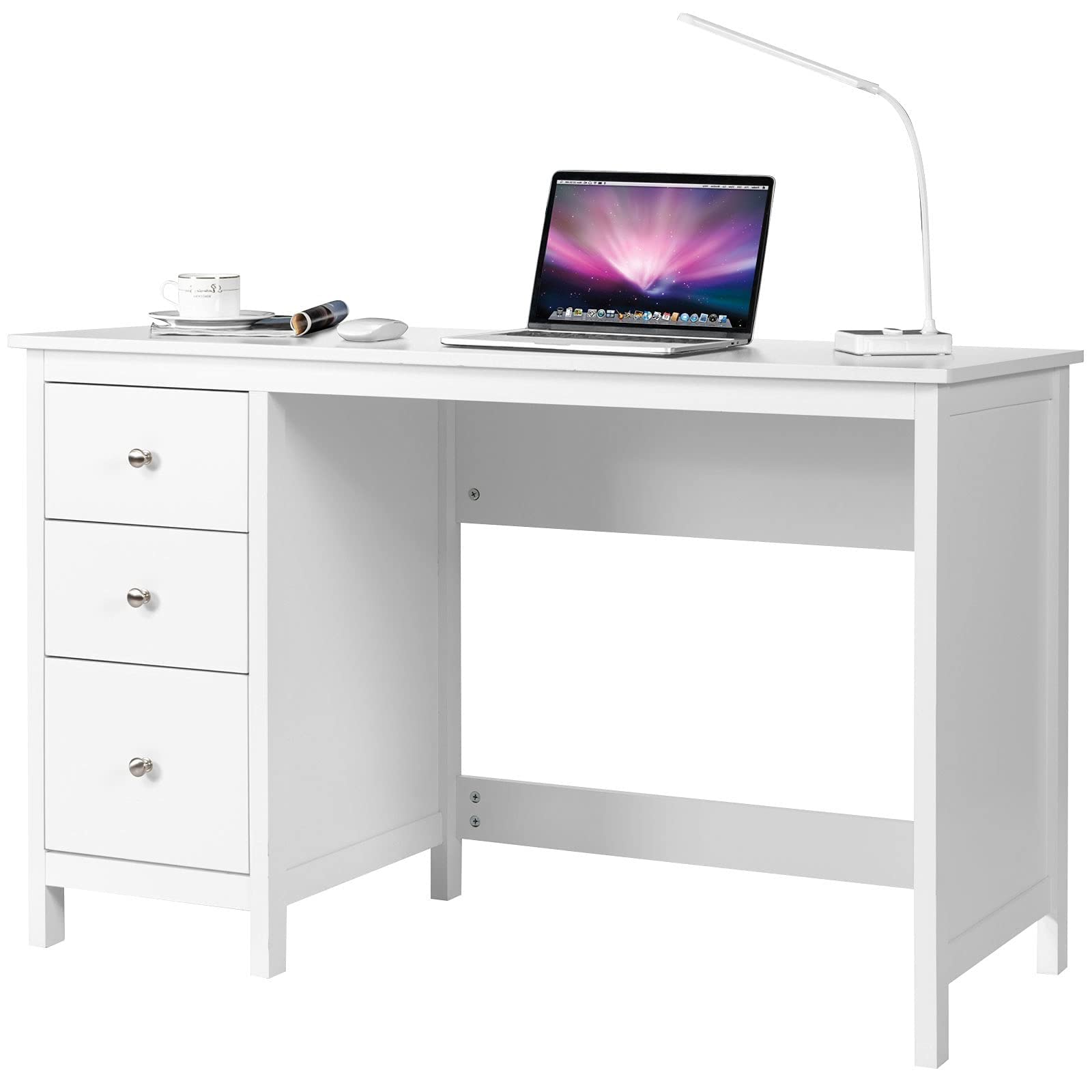 GRAFFY 3-Drawer Computer Desk, Study Desk with Spacious Desktop, Modern Writing Desk, Compact Laptop Desk, Multipurpose Workstation for Home Office (White)