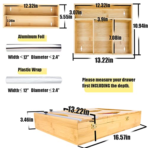 BIBIELF Bag Storage Organizer for Kitchen Drawer, Bamboo Ziplock Bag Storage Organizer Aluminum Foil with Cutter, Wall-mount Plastic Bag Storage Holder for Kitchen Drawer Wall Cabinet