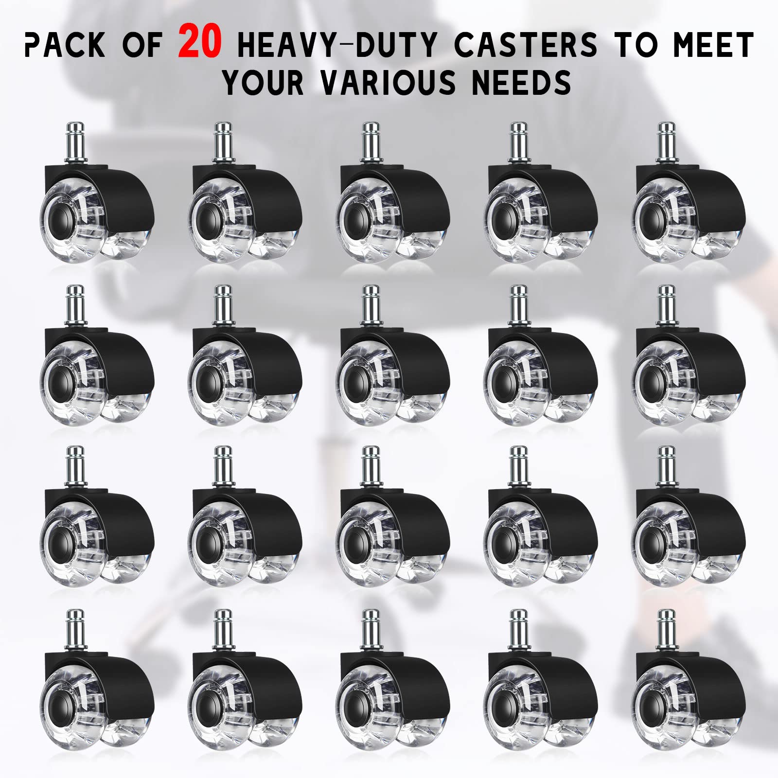 BBTO 20 Pcs Office Chair Wheels Replacement Bulk 2 Inch Swivel Heavy Duty Caster Wheels Rolling Desk Chair Casters Quiet for Hardwood Floors and Carpets Universal Computer Chair