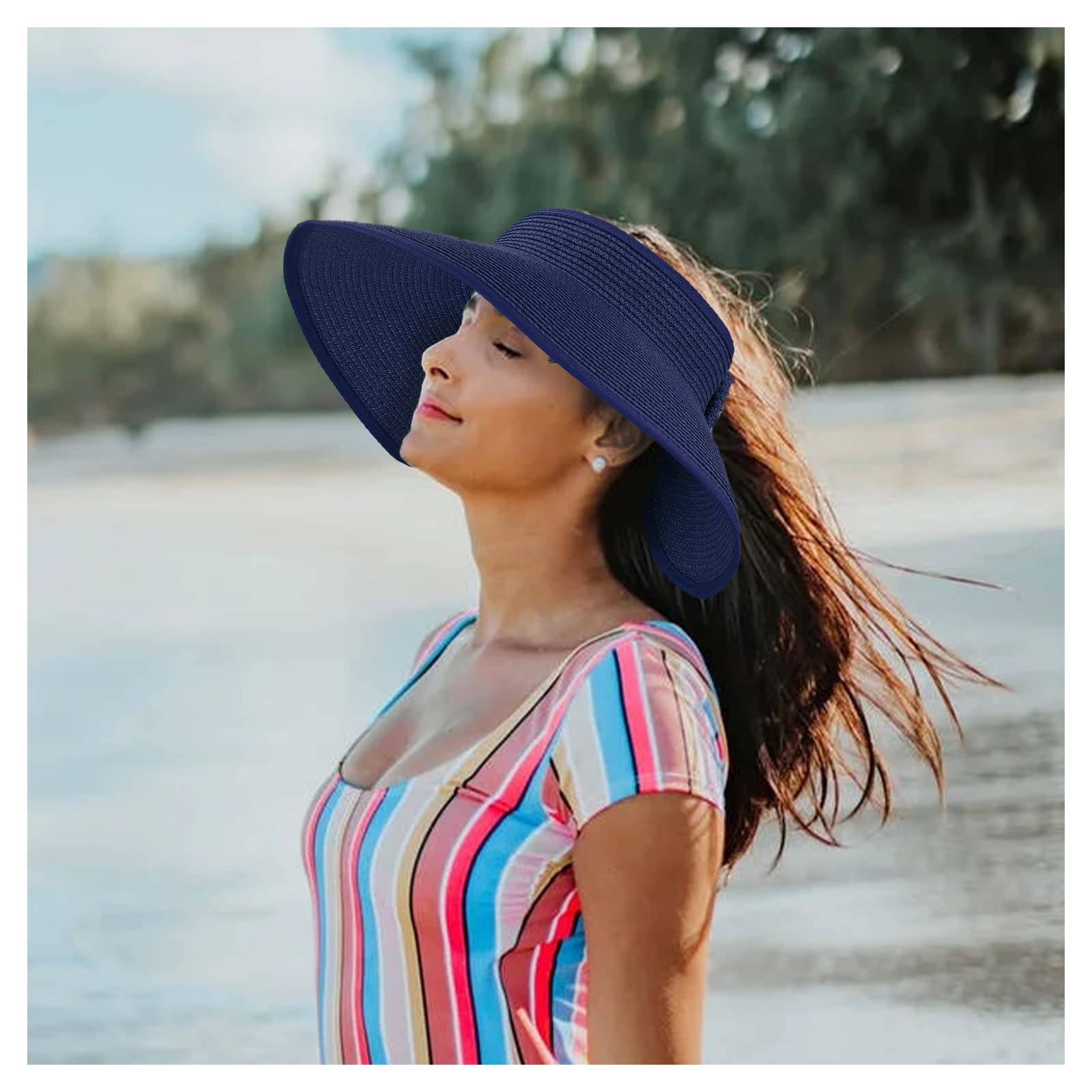 Andiker Women Roll Up Sun Visors Hat, Fordable Wide Brim Ponytail Beach Hat with A Storage Bag, Adjustable Straw Hat with Bow for Summer (Navy)