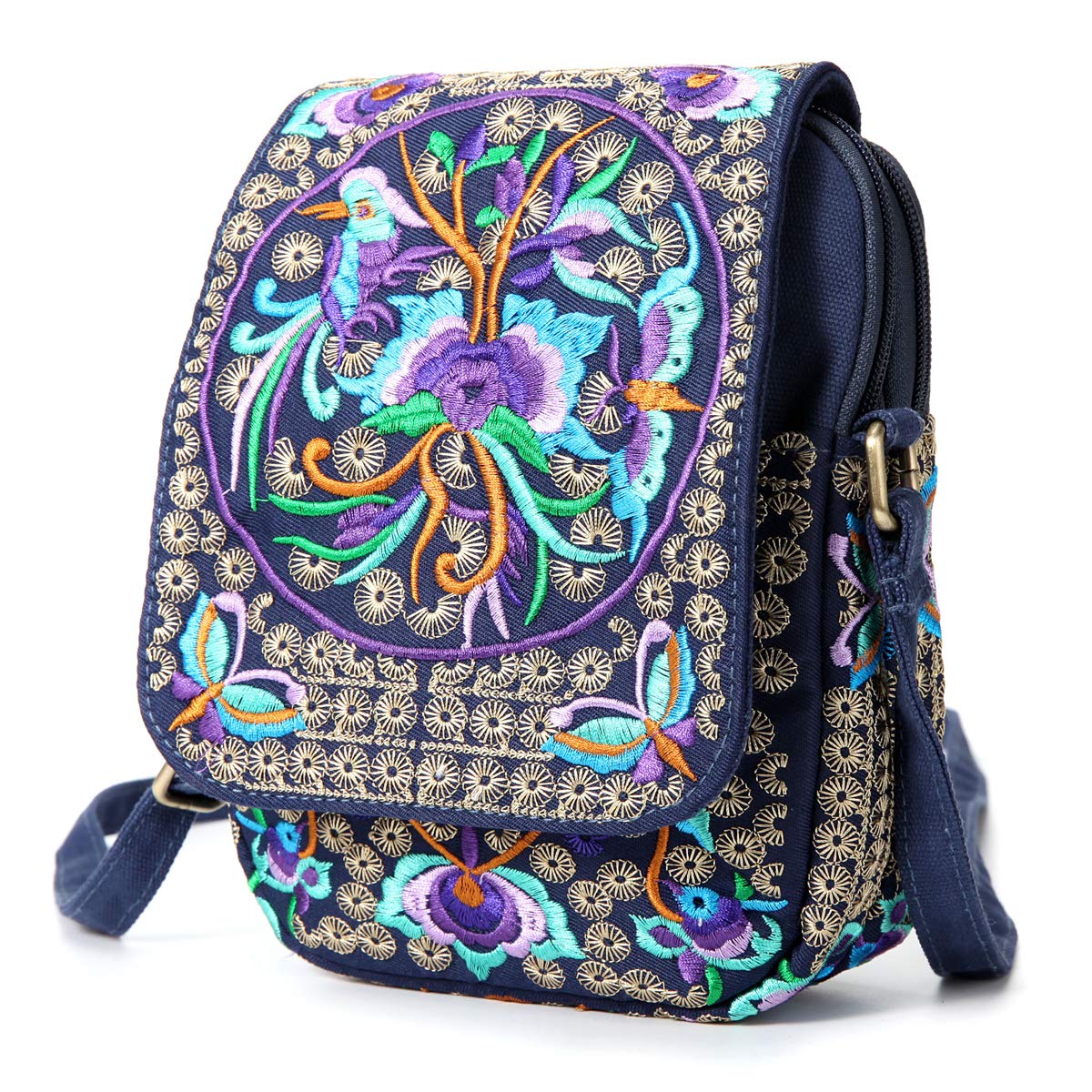 Embroidered Small Canvas Crossbody Bag Cell Phone Bag for Women Handmade Mini Shoulder Bag Wallet Bag Pouch(Blue)