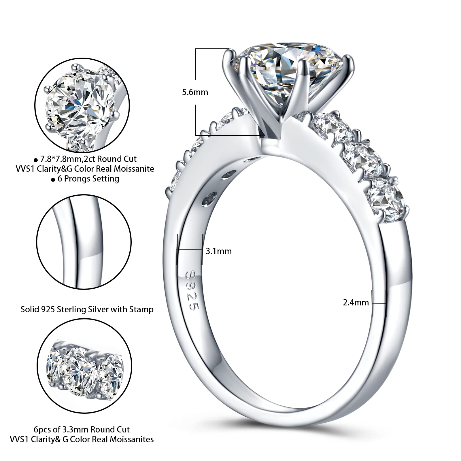 Atylyk Total 3.2cttw Center 2CT Moissanite Engagement Ring Wedding Promise Gold-plating Sterling Silver Rings for Women,Size 6.5