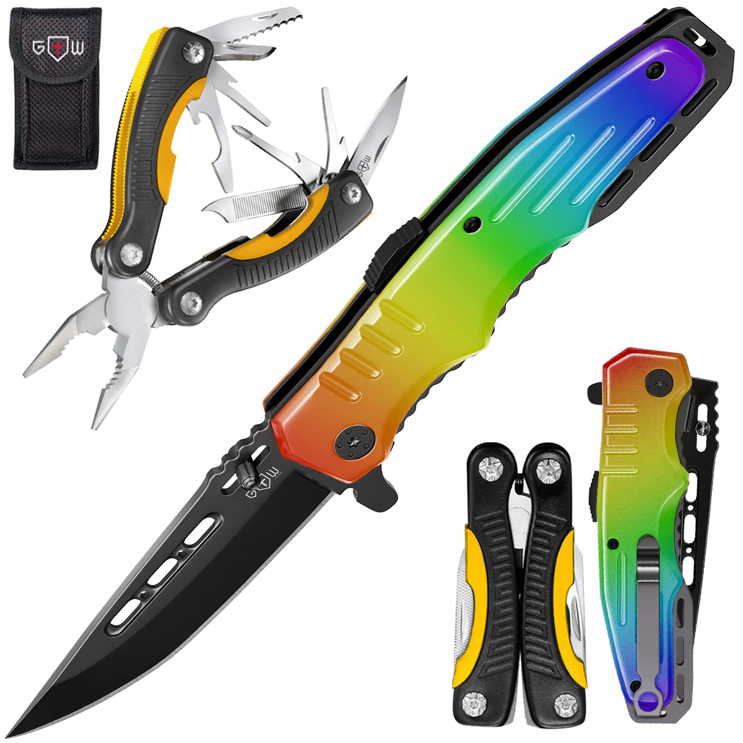 Bundle of 2 Items - Pocket Folding Knife - Military Style - Cool Tools -Mini Multitool Knife 12 in 1 - Small Pocket Multi Tool with Knife and Pliers - Best Small Utility Multi Purpose All in One