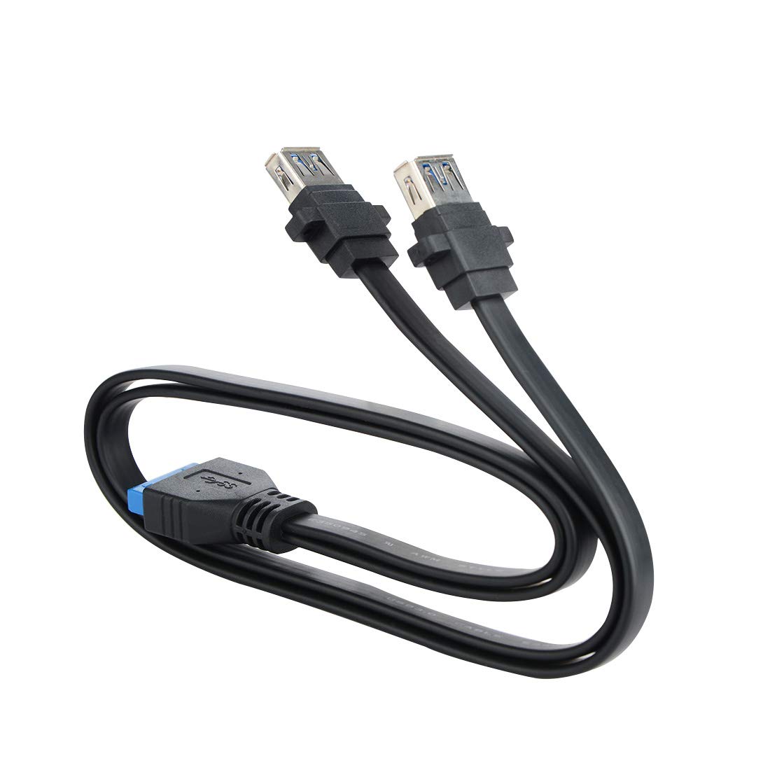 Toptekits 2 Port USB 3.0 A Female Screw Panel Mount to Motherboard 20 Pin Flat Cable Cord, 1.6ft/0.5m