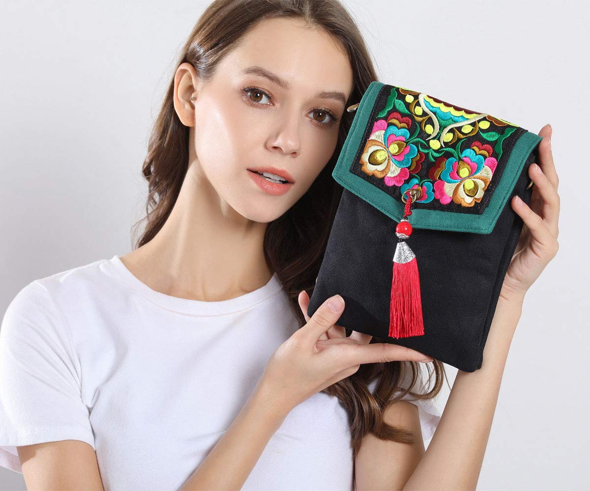 Embroidered Tassels Canvas Crossbody Bag, Cute Shoulder Bag Cellphone Pouch Purse (A02: Vertical-Tassel-Green)