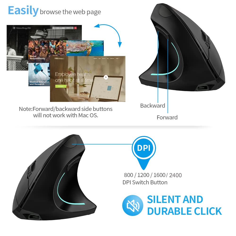 Attoe Vertical Mouse, 2.4GHz Wireless Rechargeable Ergonomic Vertical Computer Gaming Mouse,Comfortable Grip 2400 DPI Optical USB PC Gaming Mice for Laptop MAC