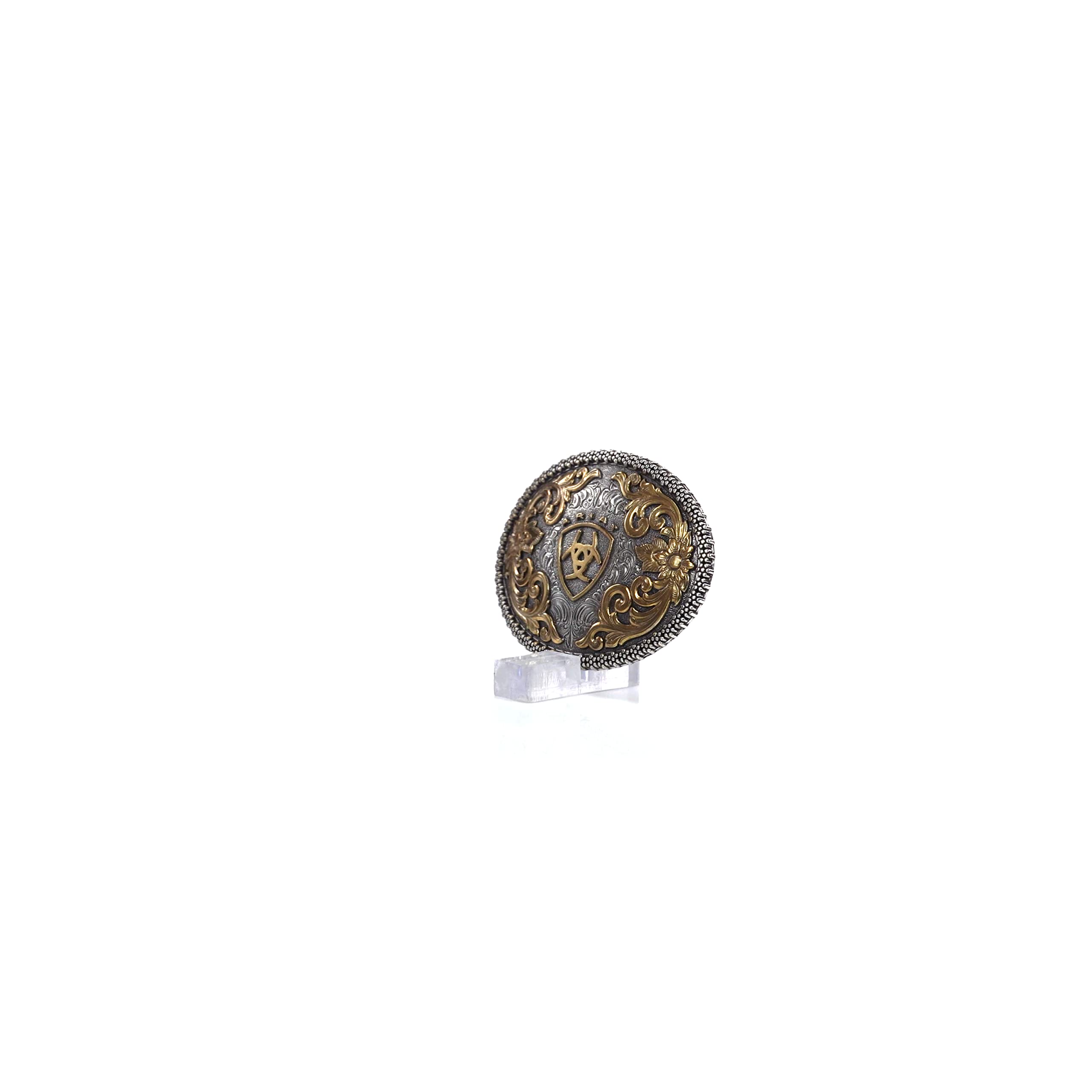 ARIAT Oval Buckle with Logo, Floral Scrolls and Filigree Detail, Antique Gold and Silver Finish, 3.75"x 2.75"