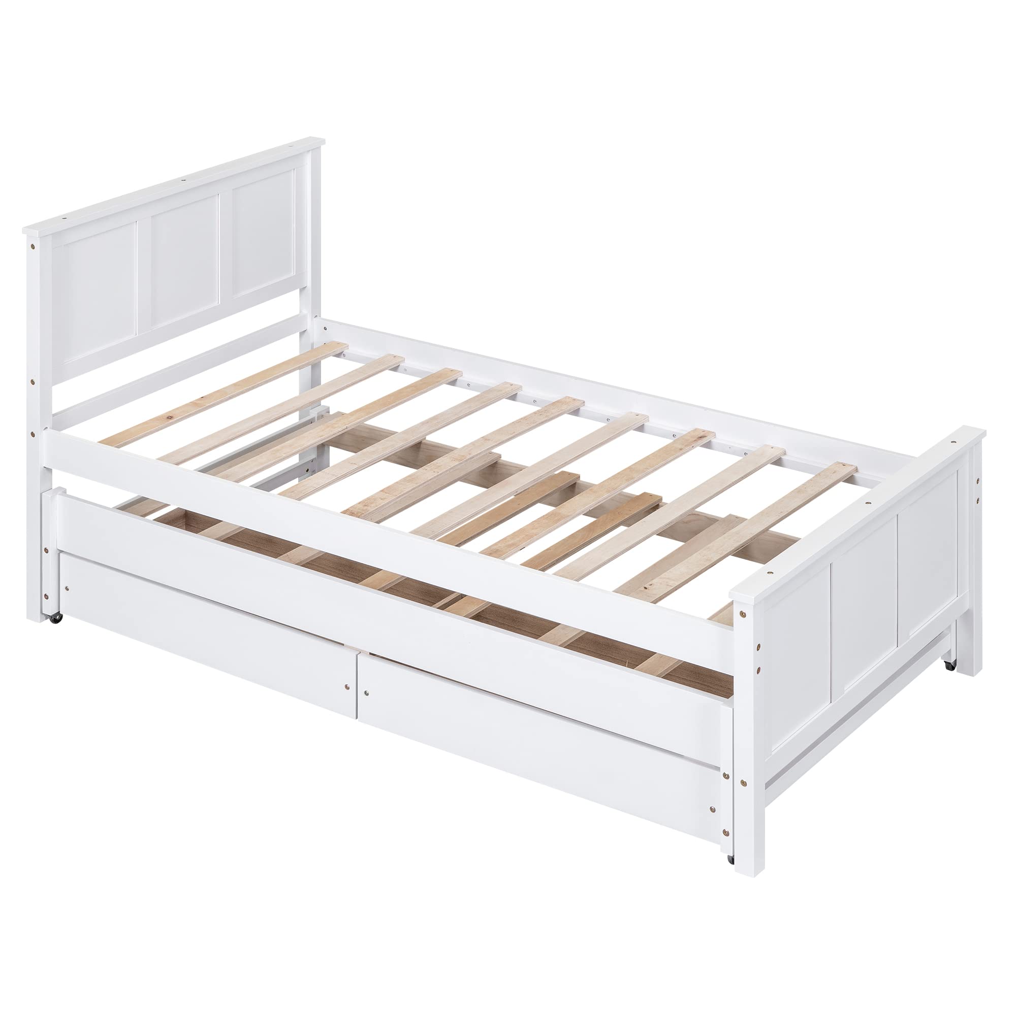 CITYLIGHT Twin Bed with Trundle and Storage, Wood Twin Size Platform Bed Frame with Trundle and Drawers, Space-Saving Twin Size Bed for Kids, Boys, Girls (Twin,White)