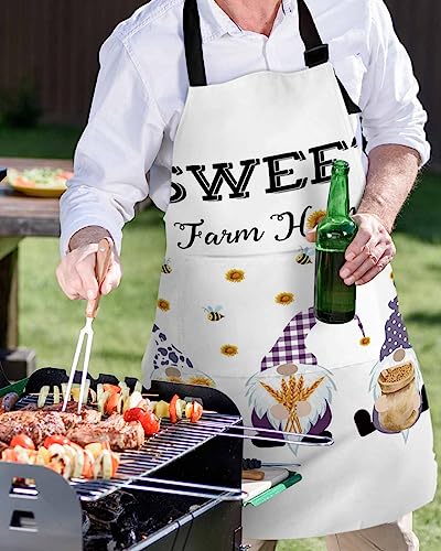 LAMANDA Kitchen Aprons for Women,Gnome Sunflower Bumblebee Buffalo Check Cooking Apron with Pockets Server Aprons Chef Apron for Men