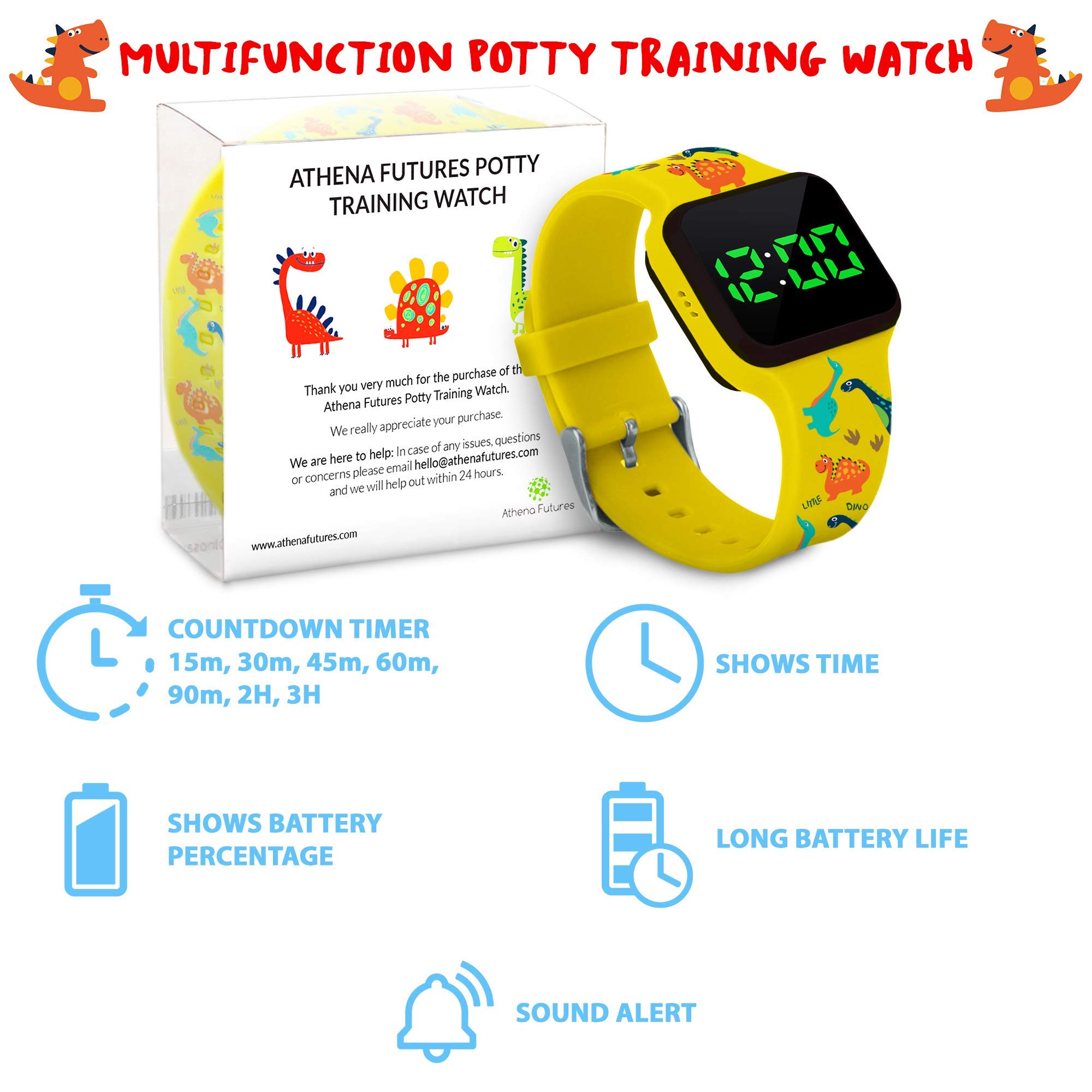 ATHENA FUTURES Potty Training Count Down Timer Watch with Lights and Music - Rechargeable, Dinosaur Yellow Band and Potty Training Chart for Toddlers - Dinosaur with Kids Cartoon - Sticker Chart