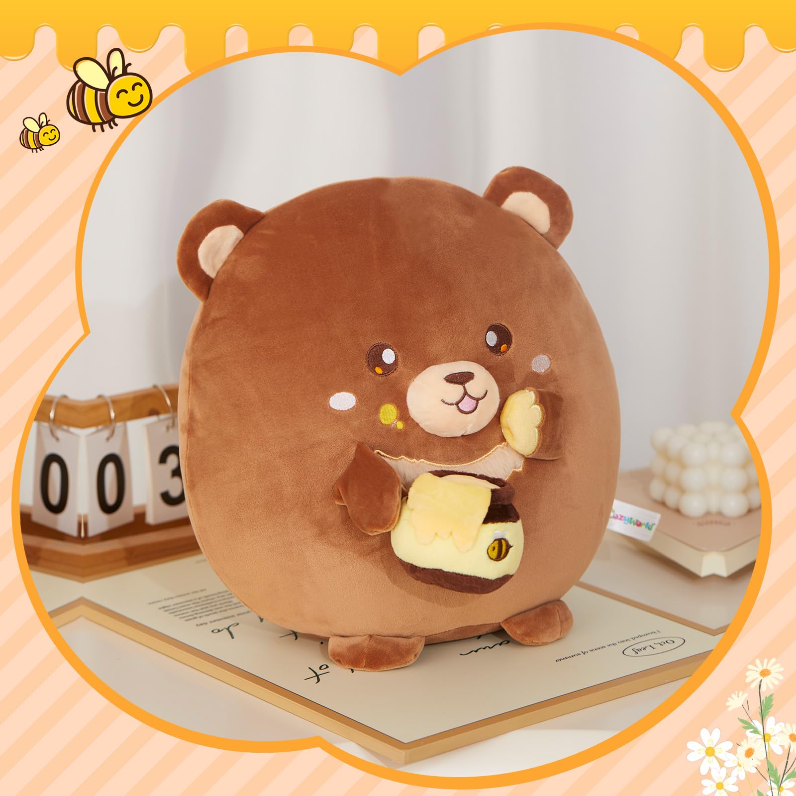 CozyWorld 12“ Honey Bear Plush Pillow,Teddy Bear Plush Stuffed Animal Gifts for Girlfriend Kids,Ultra Soft Snacks Plush Toy,Brown Bear with Honey Pot