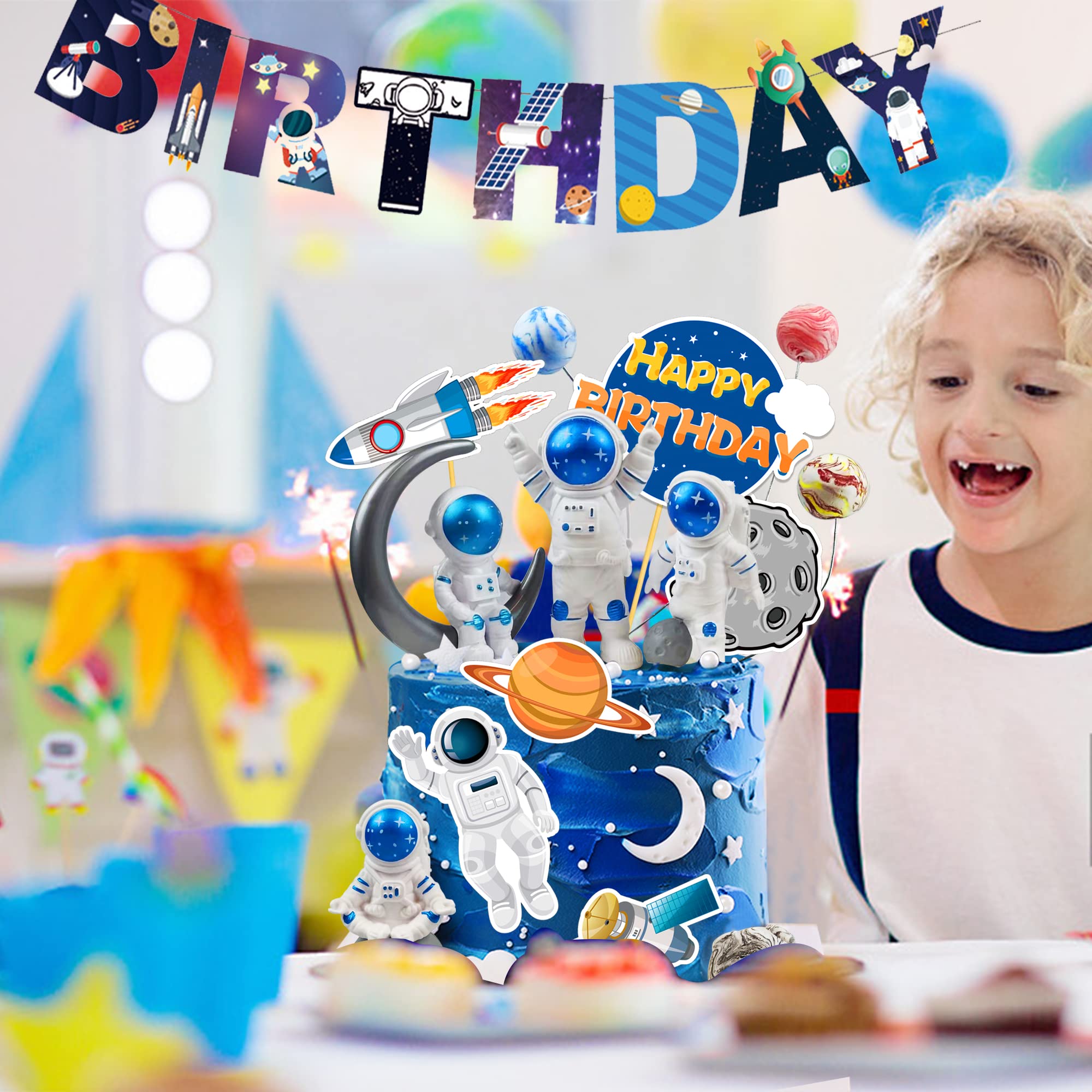 Astronaut Figurines Space Cake Toppers Astronaut Planet Rocket Satellite and Star Space DIY Cake Toppers for Space Theme Party Birthday Party Baby Shower Supplies (Blue)