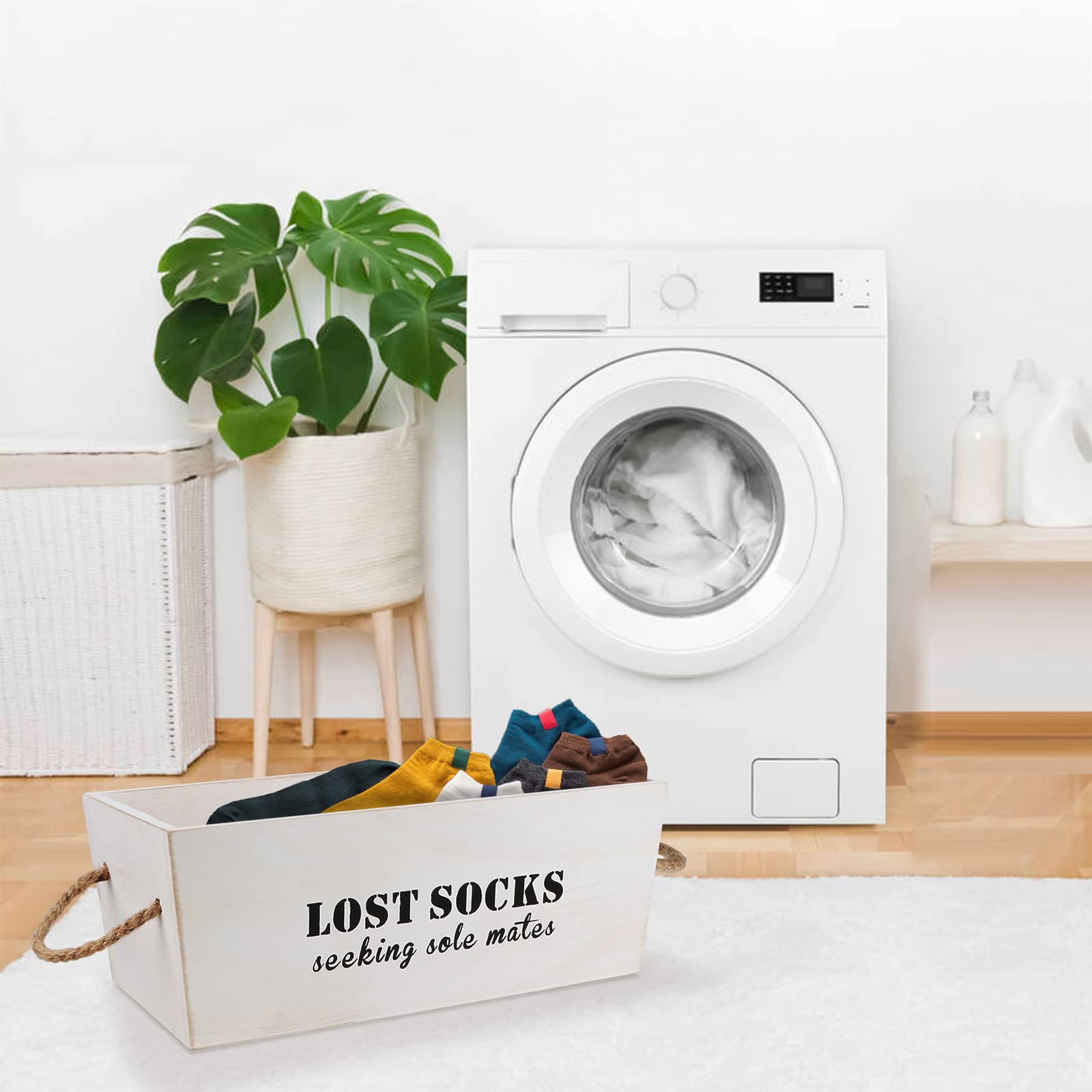 Zimso Lost Socks Basket Lost Socks Sign, Wooden Missing Socks Decor, Lost Socks Sign With Basket (White)