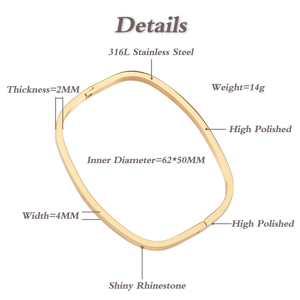 Bangle Bracelets for Women, Stainless Steel Glossy Rounded Rectangle Bangles with Rhinestones, Women's Silver Gold and Rose Gold Bangle Set (Gold), Middle