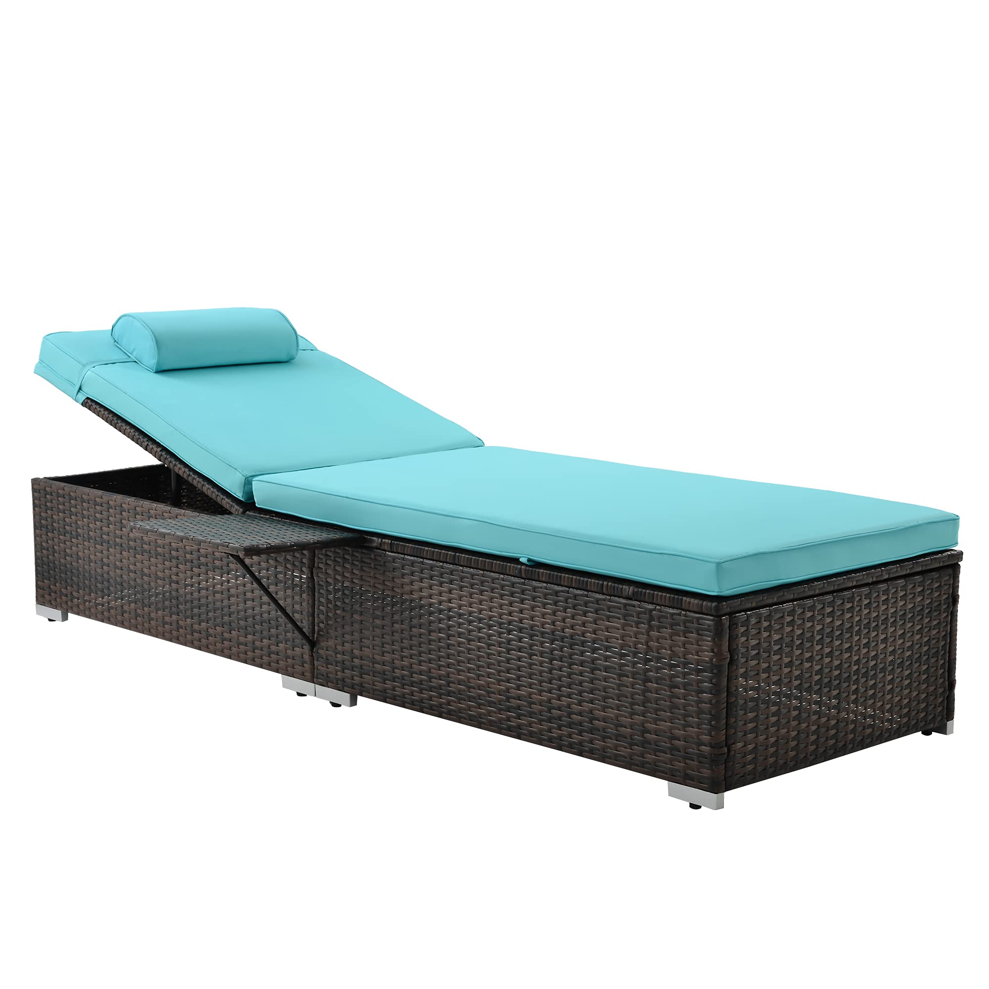 BIADNBZ 2-Piece Outdoor Patio Recliner Chairs for 2,Dual-Use PE Wicker Chaise Lounge Set with Side Table Adjustable Backrest,Cushions and Head Pillows for Courtyard, Swimming Pool, Balcony, Blue