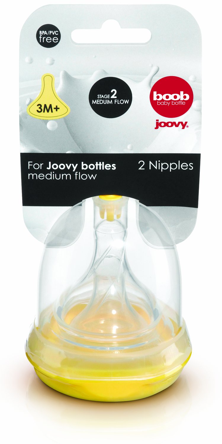 Joovy Boob Nipples with Elongated Shape to Mimic Mom and Available in 5 Flows Including X-Cut Extra Fast Flow for Thicker Foods - Compatible with Joovy Boob Bottle Line (Clear, Stage 2, 2 Count)