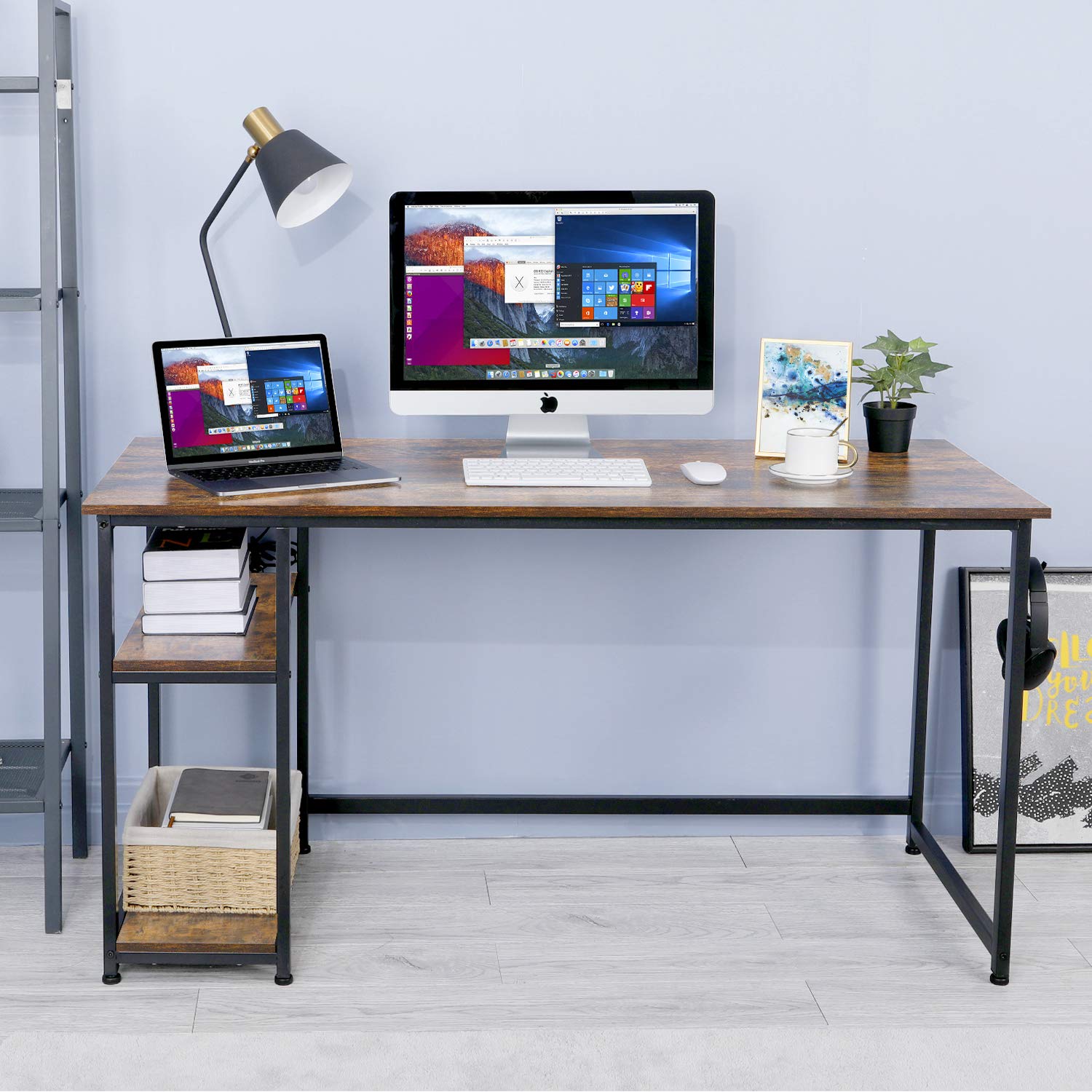 AuAg Computer Desk Home Office Desk with 2 Shelves, 55 inch Writing Desk with Storage, Industrial PC Desk Laptop Study Table with Bag Hook Gaming Desk Workstation, Easy to Assemble(Rustic Brown)