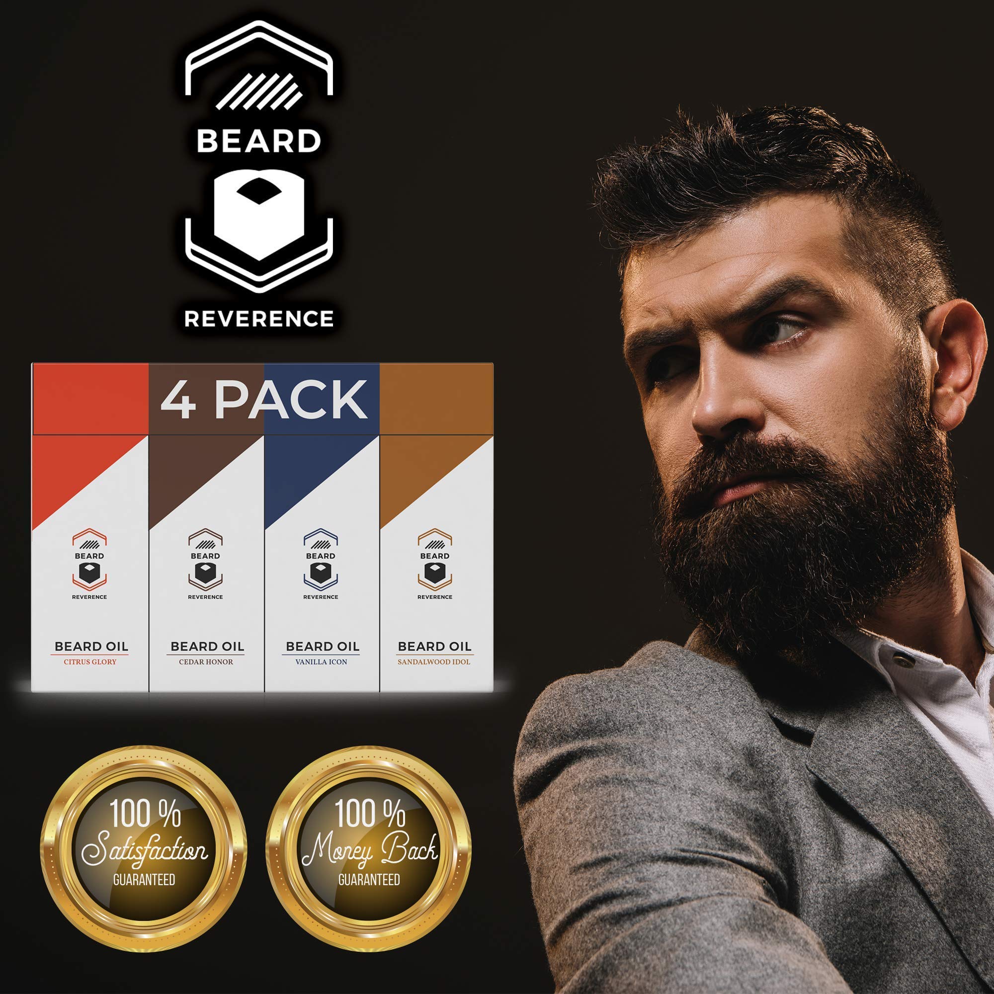Beard Oil 4 Pack (Vanilla, Sandalwood, Cedarwood, Citrus) – All Natural Leave-in Conditioner to Soften and Style Beards and Mustaches – Made with Tea Tree, Jojoba, Argan Oils - 1oz Each