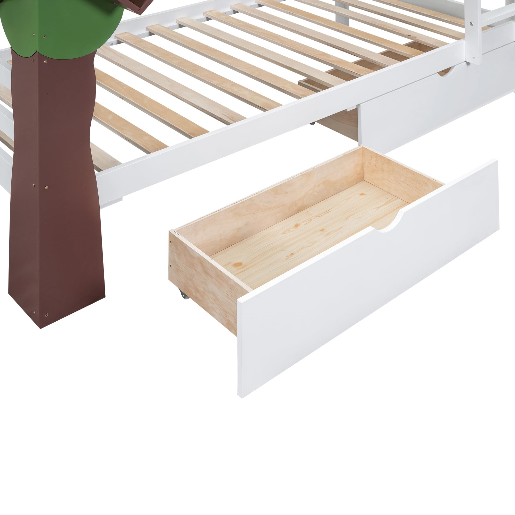 BIADNBZ Bunk Bed, Twin Over Twin Size Beds with Two Storage Drawers and a Tree Decor, Wood Low Bunkbed Frame for Kids Boys Girls Bedroom, White