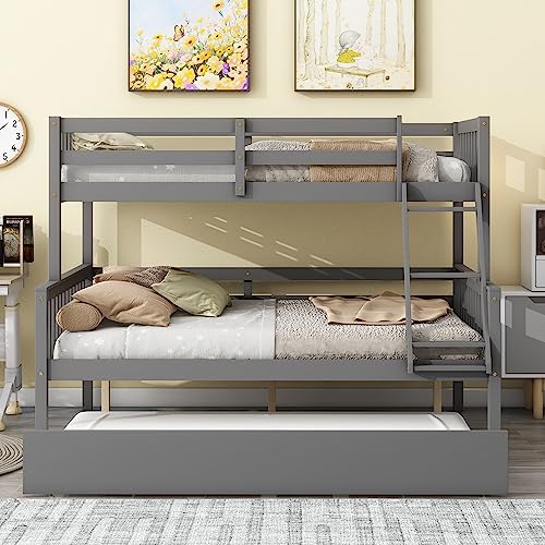 BIADNBZ Solid Wood Bunk Bed with Trundle Twin Over Full Size, Convertible 2 Bedframe with Ladder&Safety Rails, for Kids/Teens/Adults, No Box Spring Needed, Grey