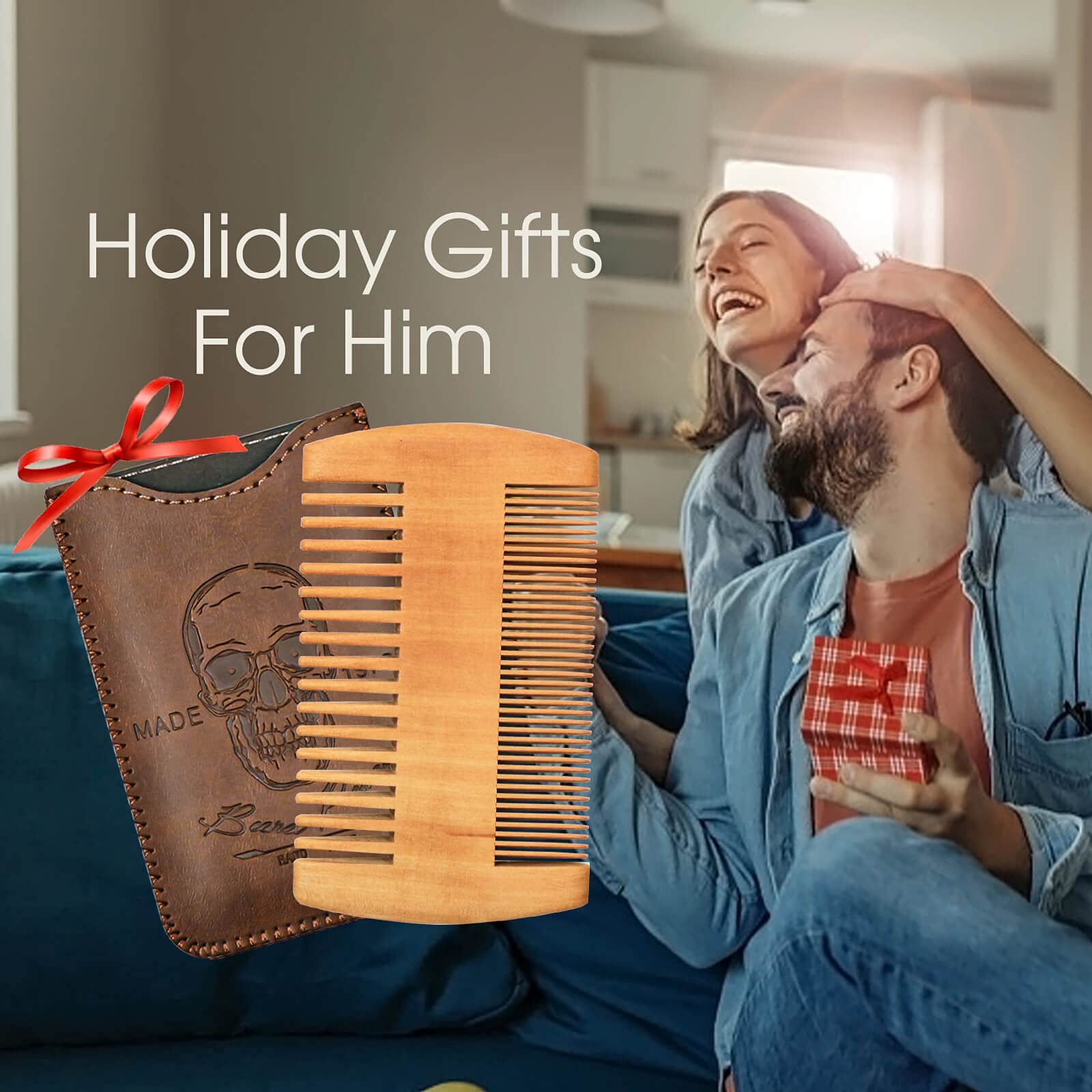 Beard Power Wooden Beard Comb & Durable Case for Men with Sexy Beard, Fine & Coarse Teeth, Pocket Comb for Beards & Mustaches,Brown Skull Design