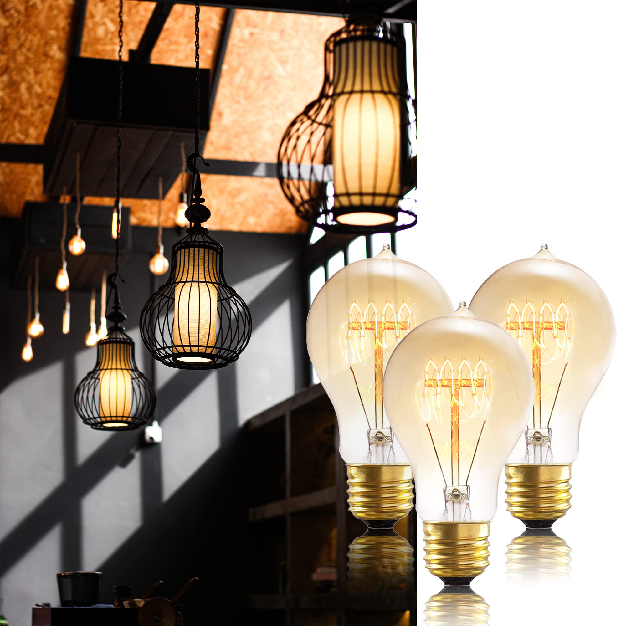 Figame A19 Edison Bulb 40W 6-Pack - Dimmable 120V Amber Glass, Antique Retro Style Old-Fashioned Incandescent Bulb, 2200K Warm Yellow Light, for Home Office Desk Lamp