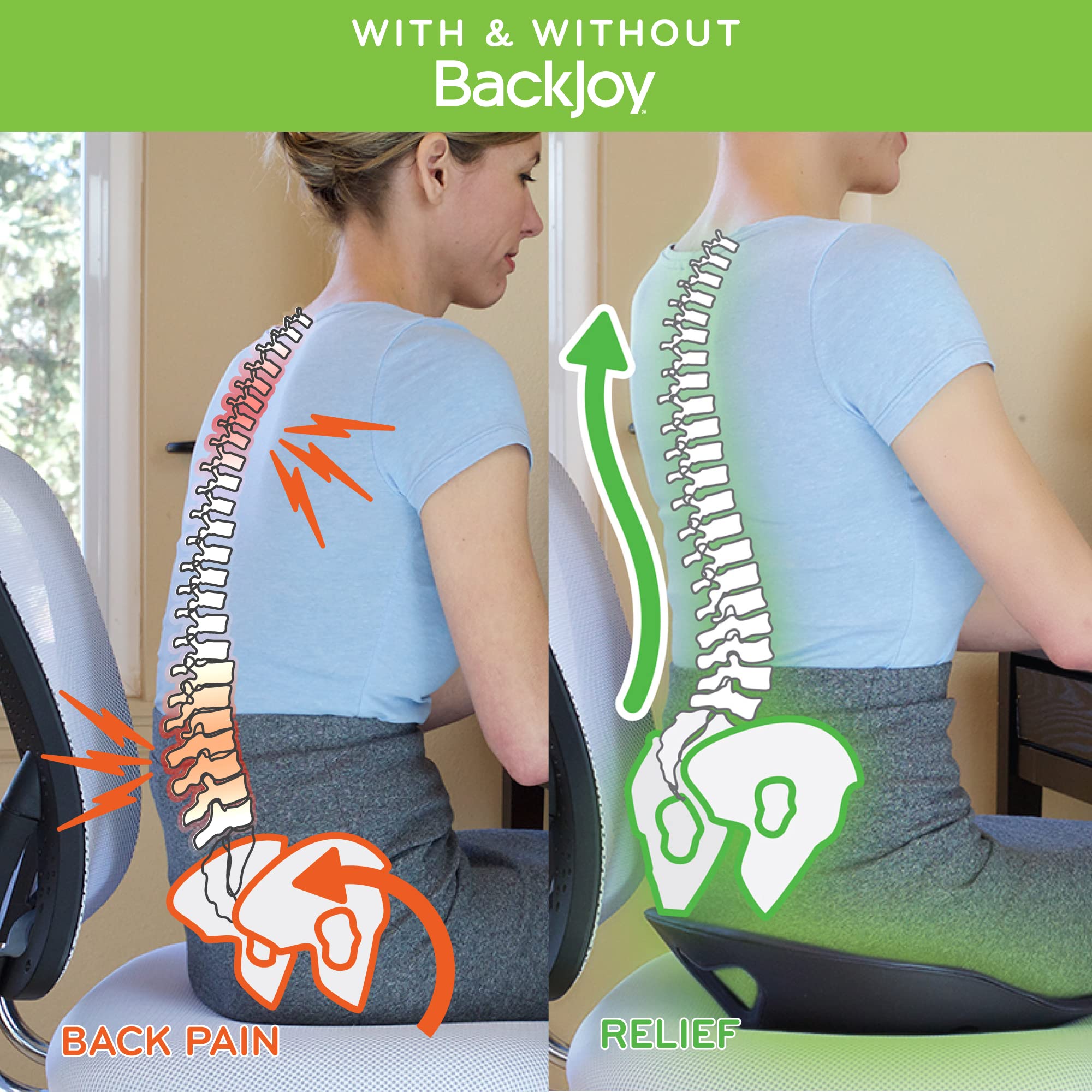 Backjoy Posture Seat Pad | Ergonomic Pressure Relief, Hip & Pelvic Support to Improve Posture | Home, Office Chair, Car Seat, Core Traction (Black) Fits M-XL HIPS