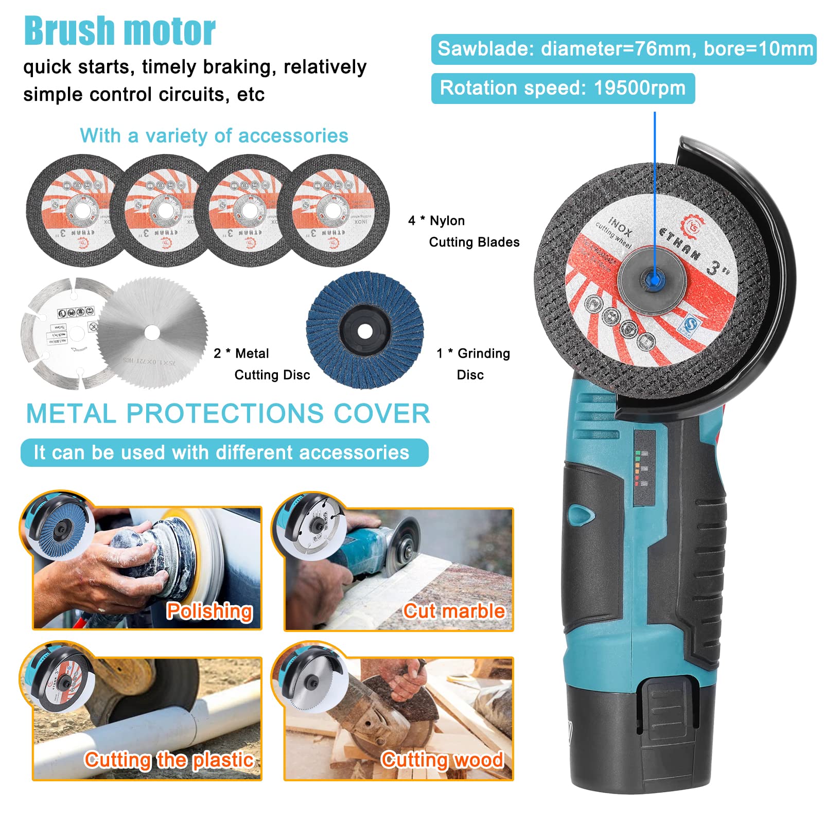 Angle Grinder, Geevorks Mini Angle Grinder Cordless 12V 19500RPM, with 2PCS 1500mAh Battery/Nylon Cutting Blade-s/Grinding Disc/Metal Cutting Disc