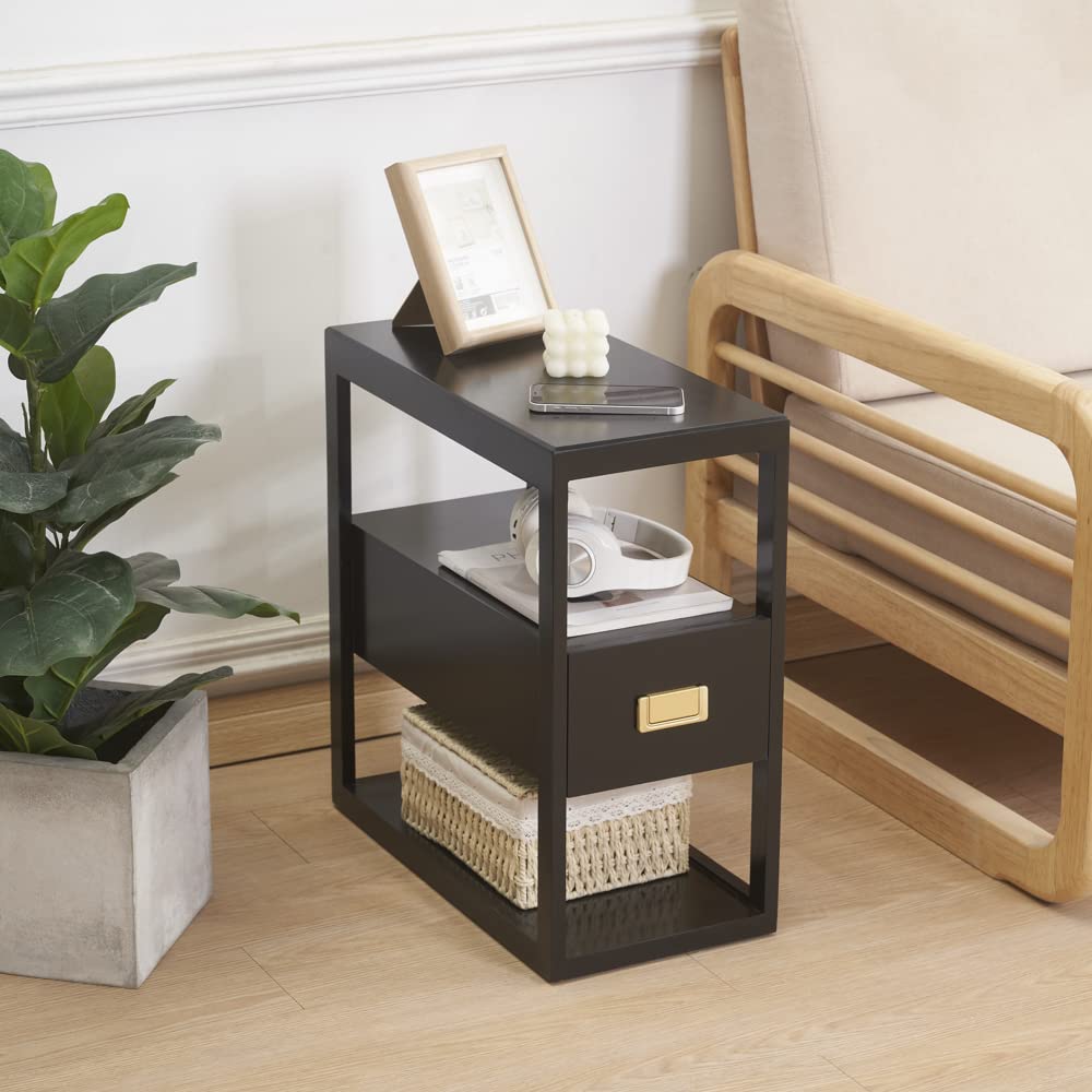 BECTSBEFF Fully Assembled Narrow Side Table, No Assembly Narrow End Table with Drawer for Living Room, Pre-Assembled Nightstand with Shelf for Bedroom-Black