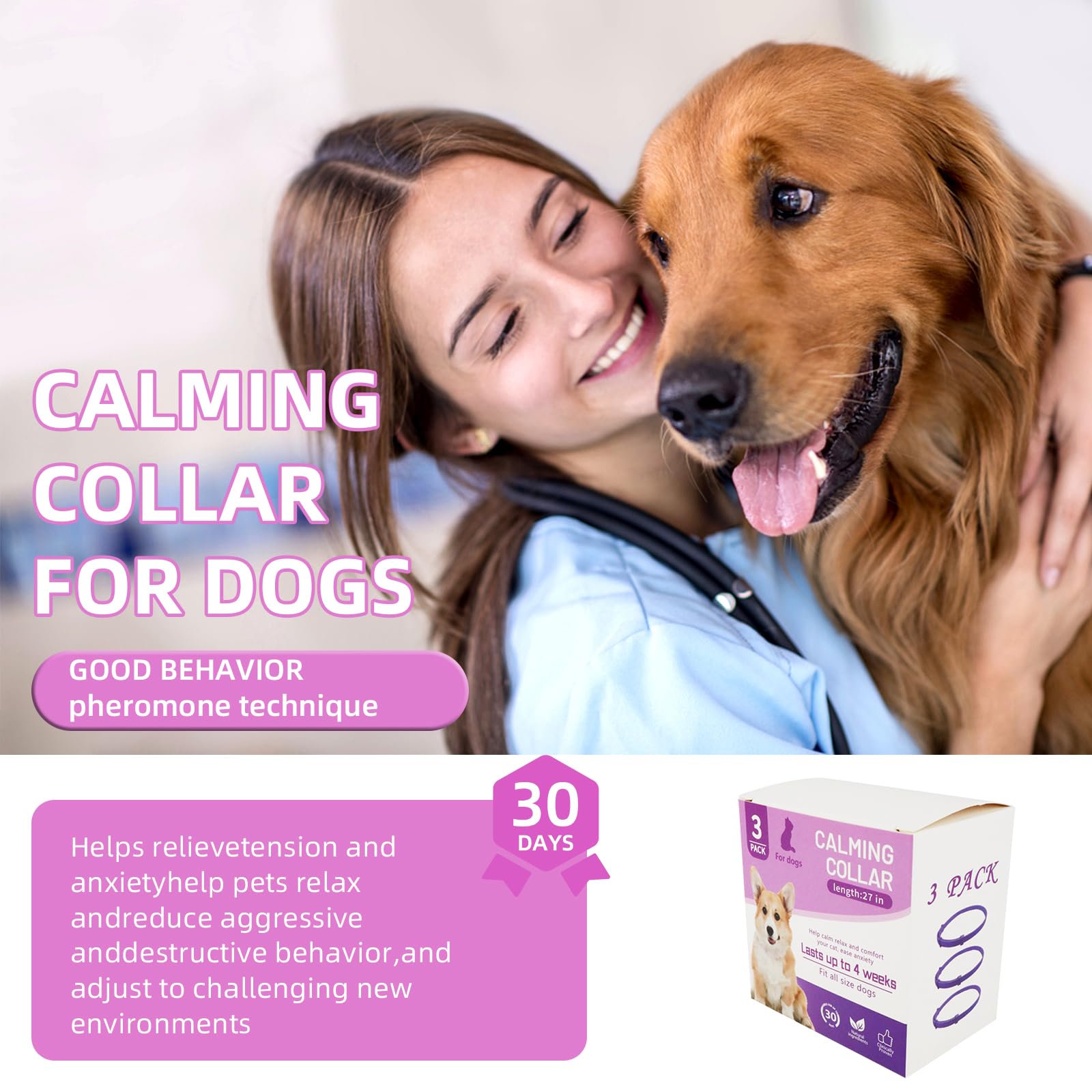 Calming Collar for Dogs 3 Packs Pheromone Collars Appeasing Dog Separation Anxiety Relief Stress 30 Days Calm Pheromones Relax Breakaway Design Adjustable Size Fit Medium Large Small Puppy (Purple)