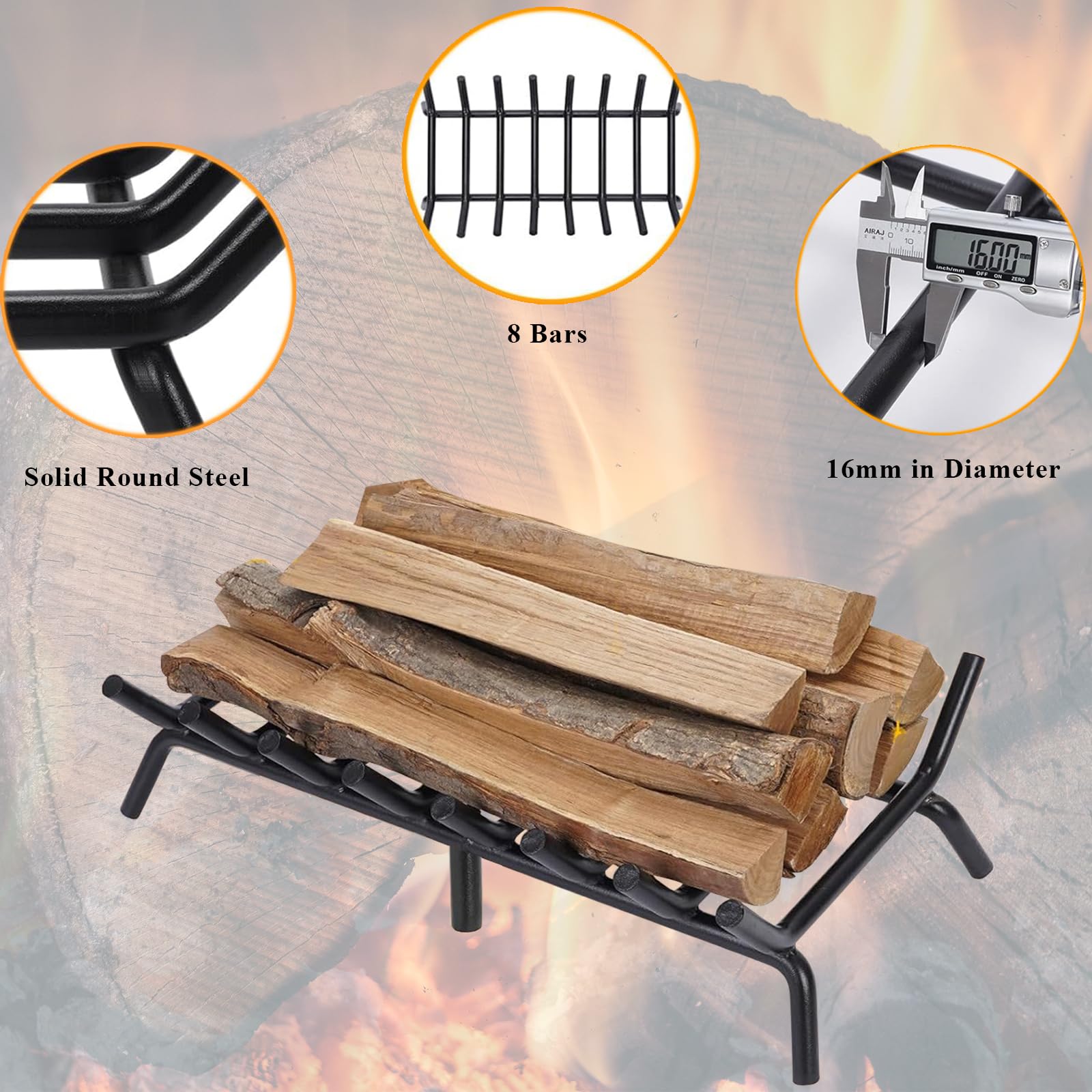 Orgneas Fireplace Grate 30 inch Heavy Duty, Fireplace Log Holder Solid Round Steel Wrought Cast Iron Firewood Burning Rack with 6 Support Legs and 8 Bars for Indoor and Outdoor Fireplace